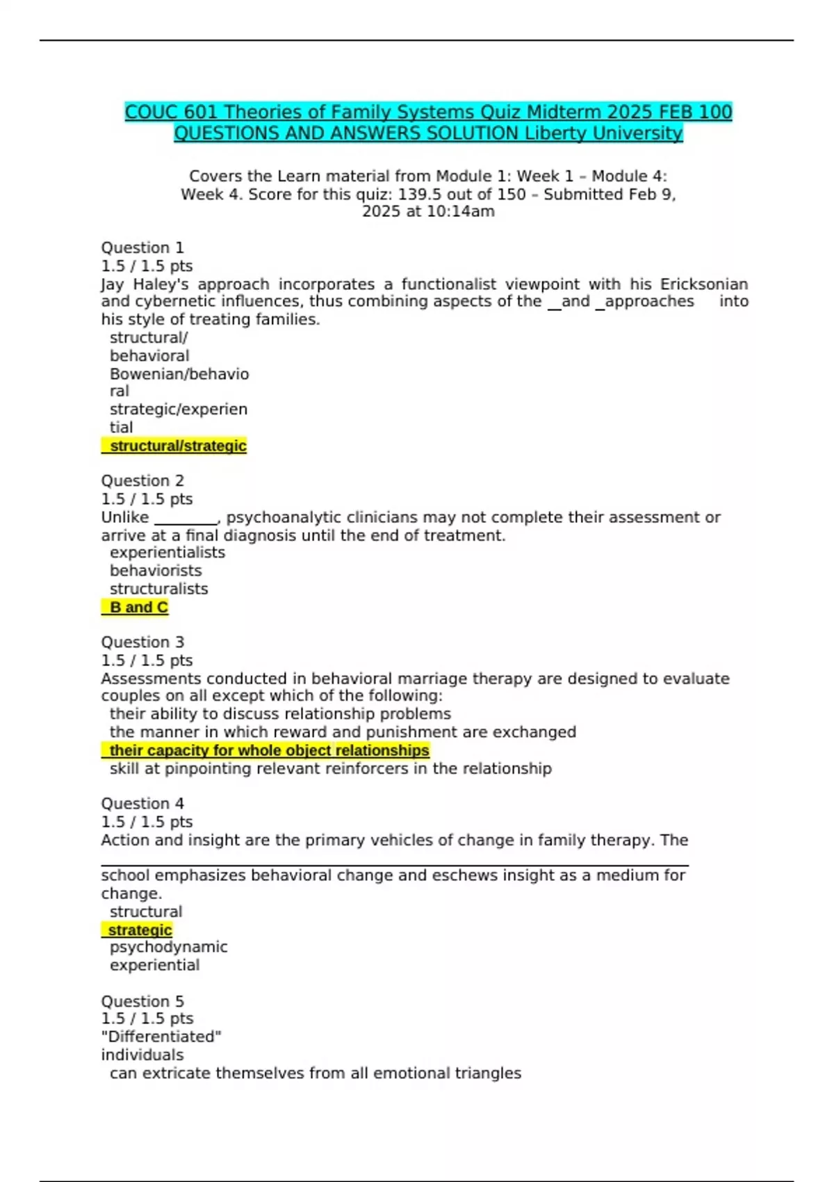 COUC 601 Theories of Family Systems Quiz Midterm 2025 FEB 100 QUESTIONS AND ANSWERS SOLUTION ...