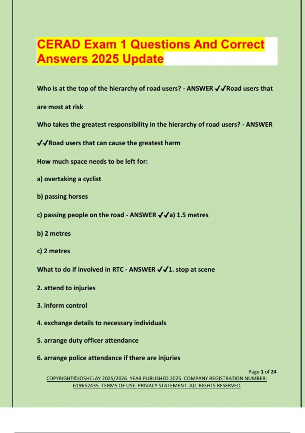 CERAD Exam 1 Questions And Correct Answers 2025 Update - CERAD - Stuvia US