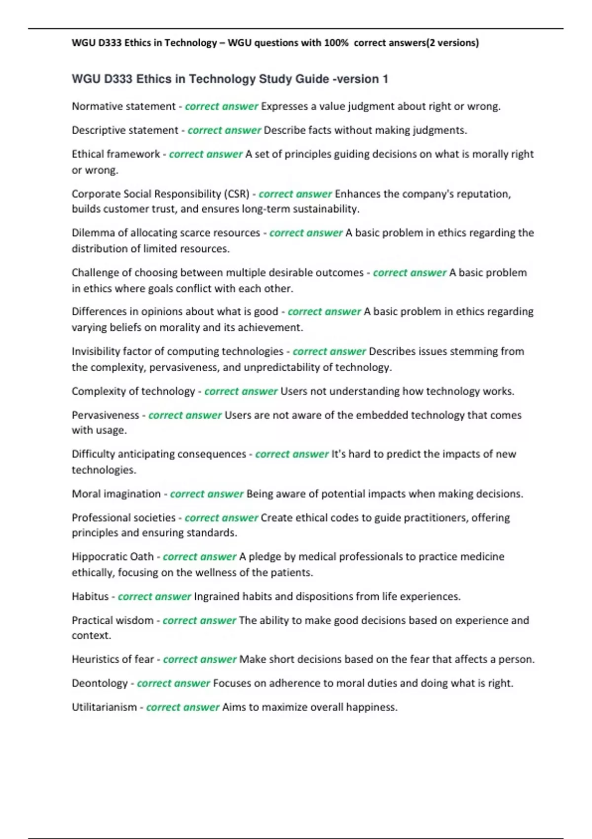 WGU D333 Ethics in Technology – WGU questions with 100% correct answers ...