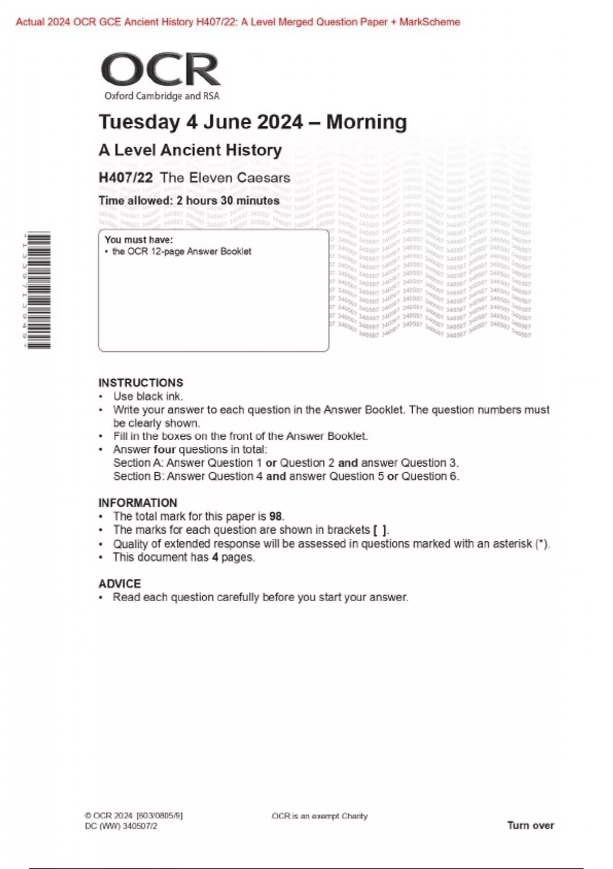 Actual 2024 OCR GCE Ancient History H407/22: The eleven Caesars A Level MergedQuestion Paper ...