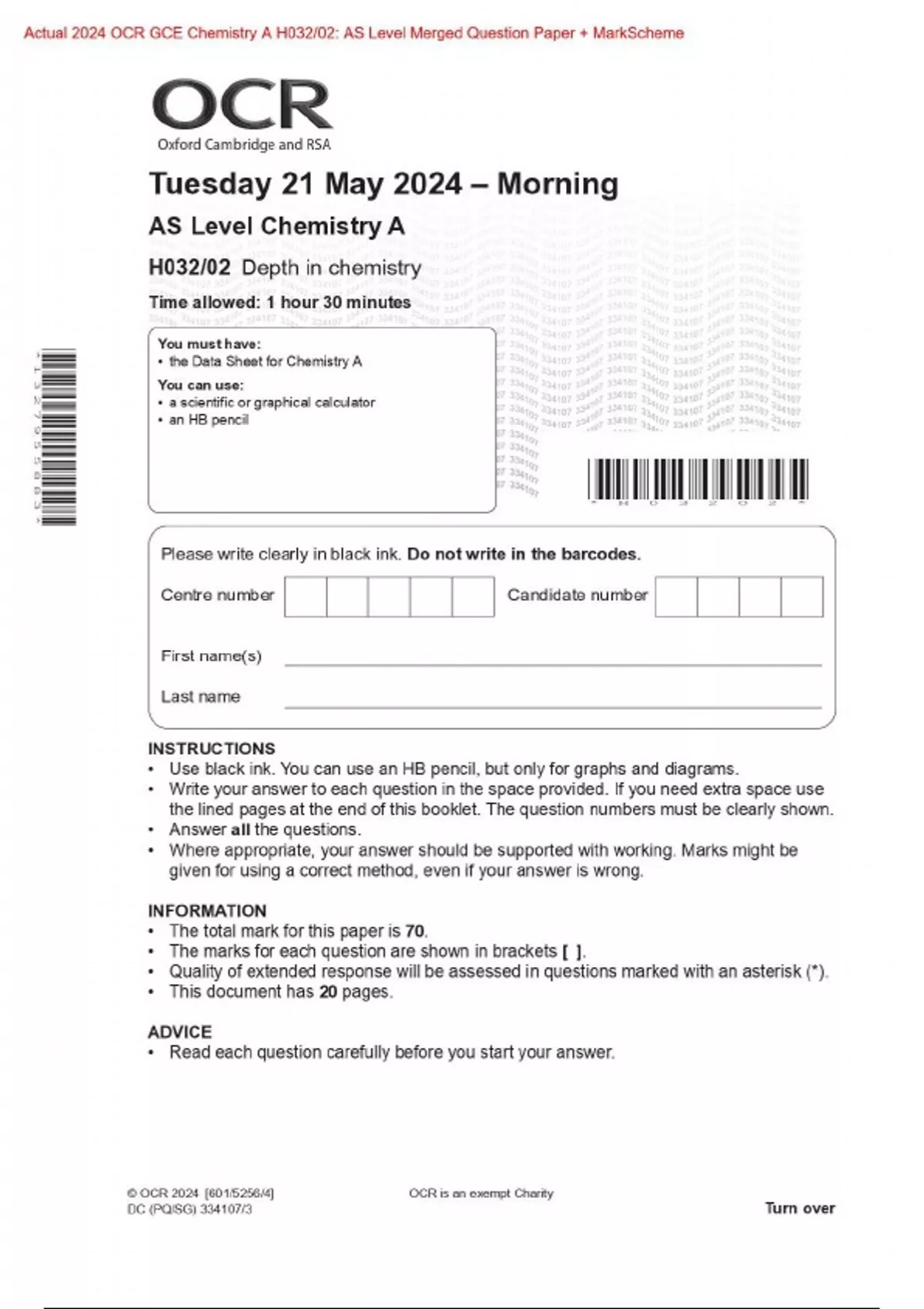 Actual 2024 OCR GCE Chemistry A H032/02: Depth in chemistry AS Level ...