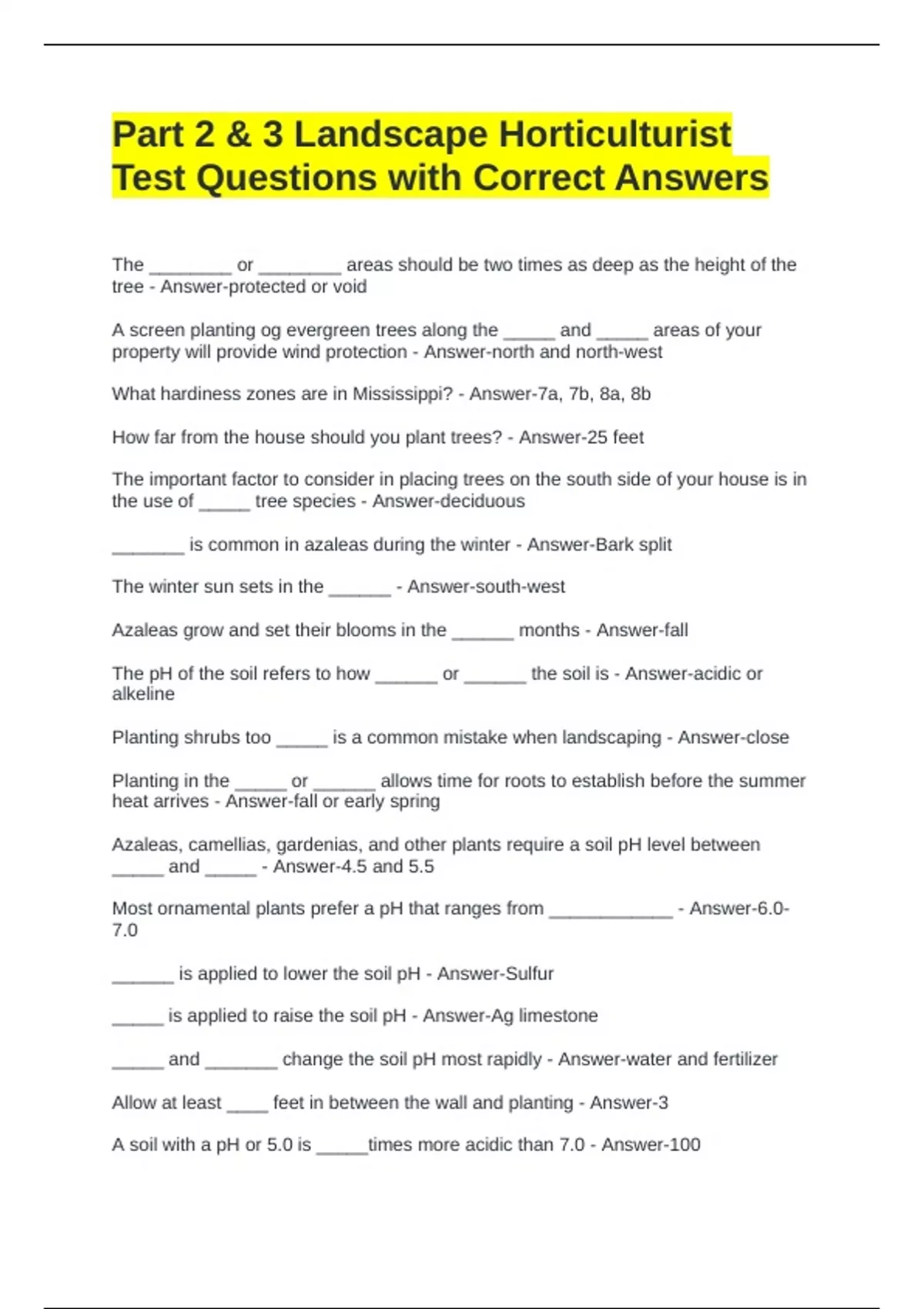 Part 2 & 3 Landscape Horticulturist Test Questions with Correct Answers ...