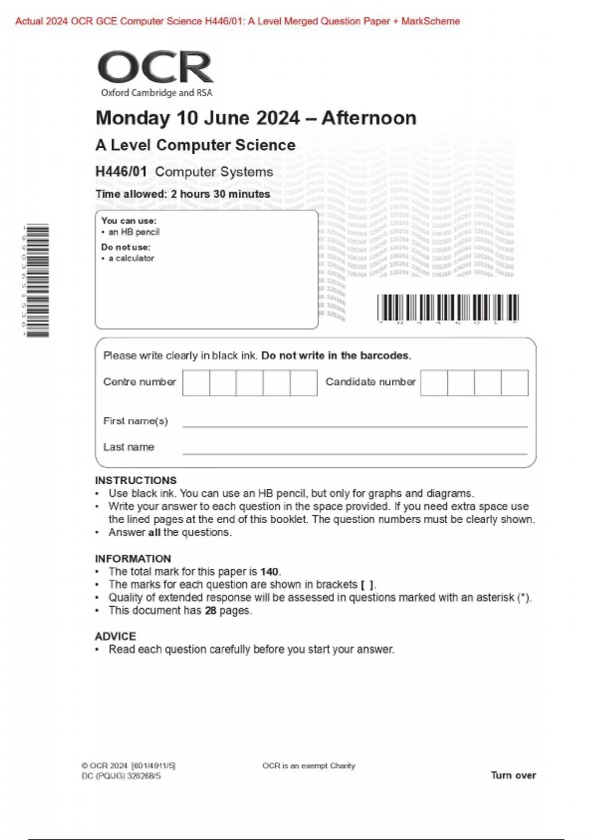 Actual 2024 OCR GCE Computer Science H446/01: Computer systems A Level MergedQuestion Paper ...