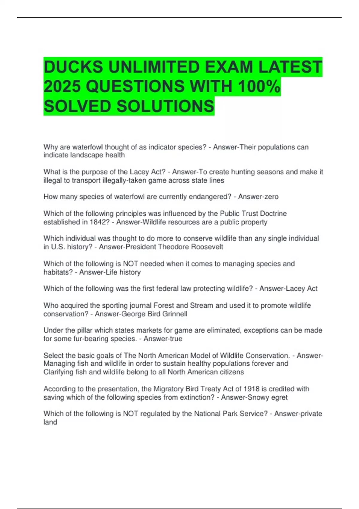 DUCKS UNLIMITED EXAM LATEST 2025 QUESTIONS WITH 100% SOLVED SOLUTIONS ...