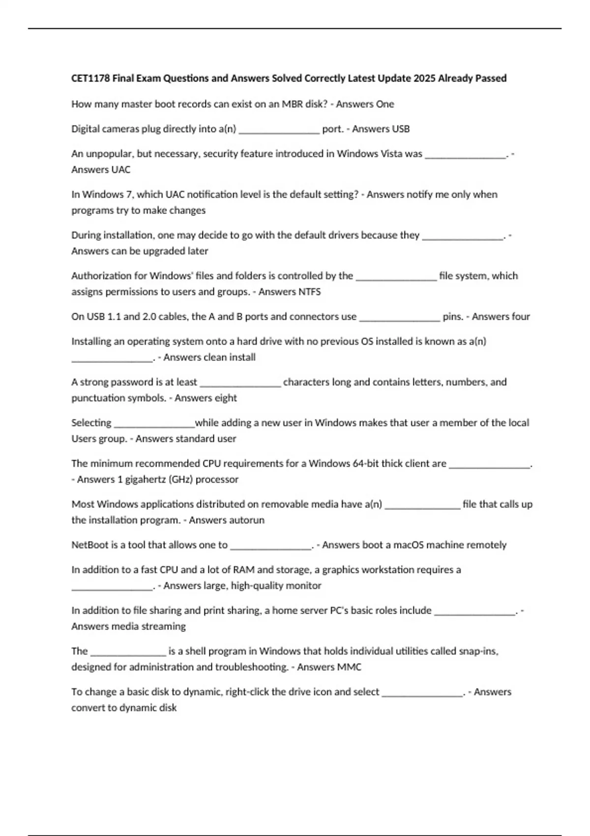 CET1178 Final Exam Questions and Answers Solved Correctly Latest Update ...