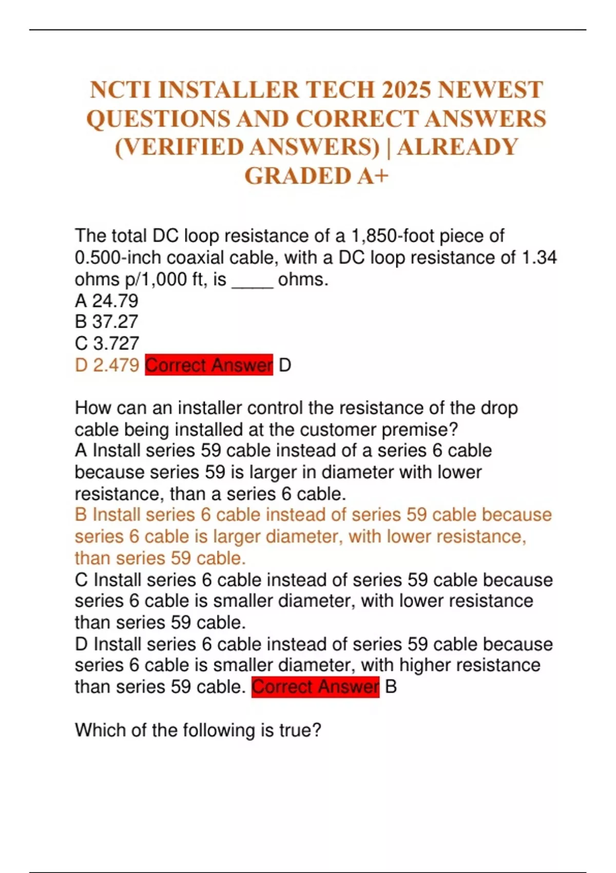 NCTI INSTALLER TECH 2025 NEWEST QUESTIONS AND CORRECT ANSWERS (VERIFIED ...