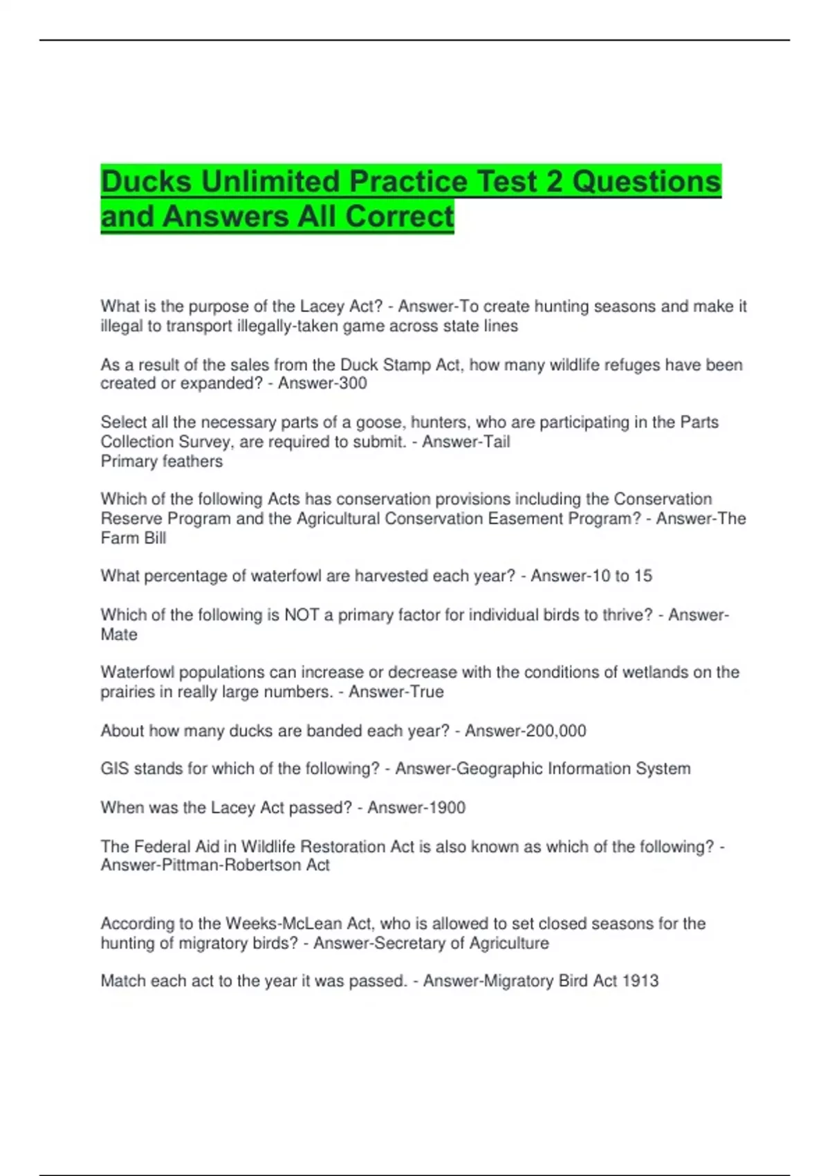 Ducks Unlimited Practice Test 2 Questions and Answers All Correct ...