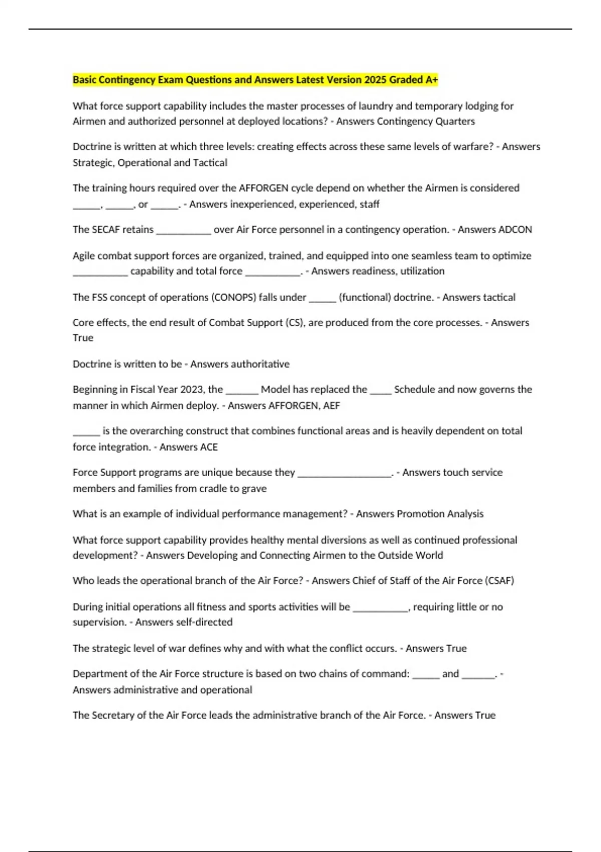 Basic Contingency Exam Questions and Answers Latest Version 2025 Graded ...