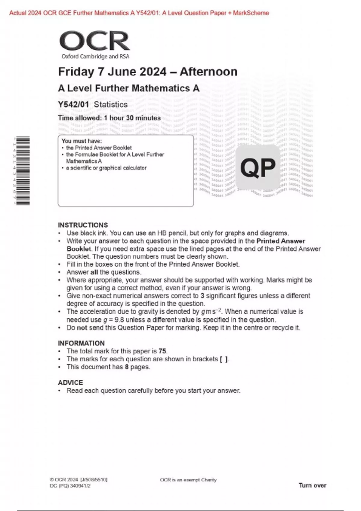 Actual 2024 OCR GCE Further Mathematics A Y542/01: Statistics A Level ...
