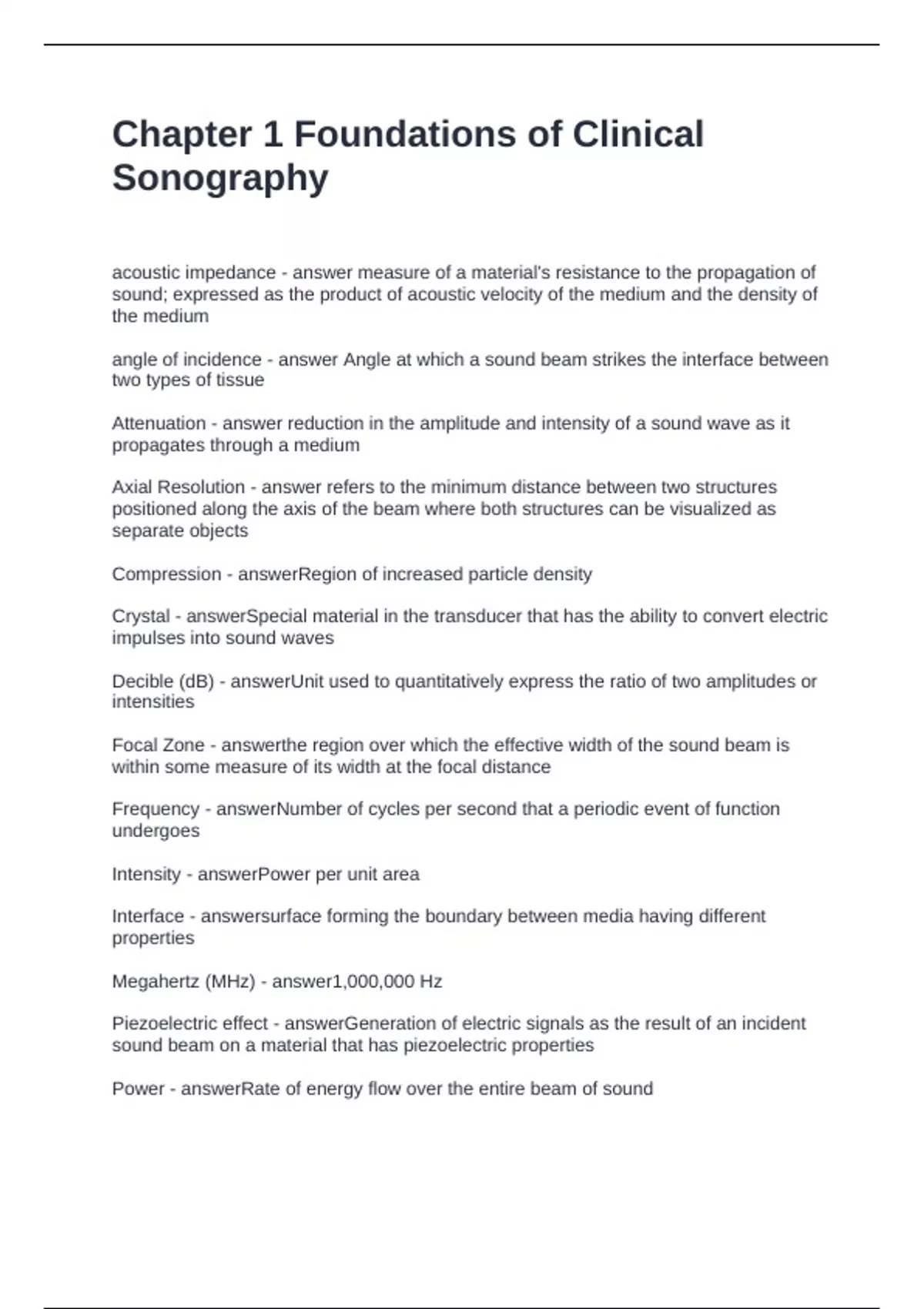 Chapter 1 Foundations of Clinical Sonography Questions with Solutions - Sonography - Stuvia UK