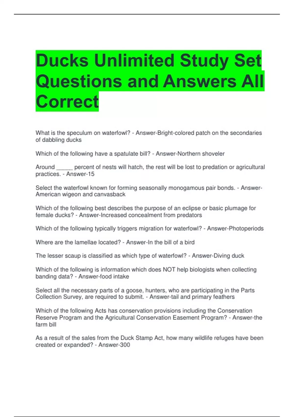 Ducks Unlimited Study Set Questions and Answers All Correct - Ducks ...