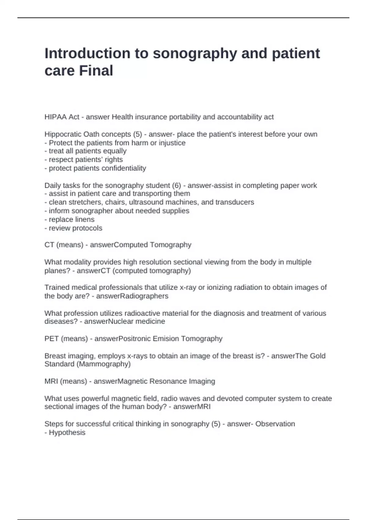 Introduction to sonography and patient care Final Questions and Answers ...