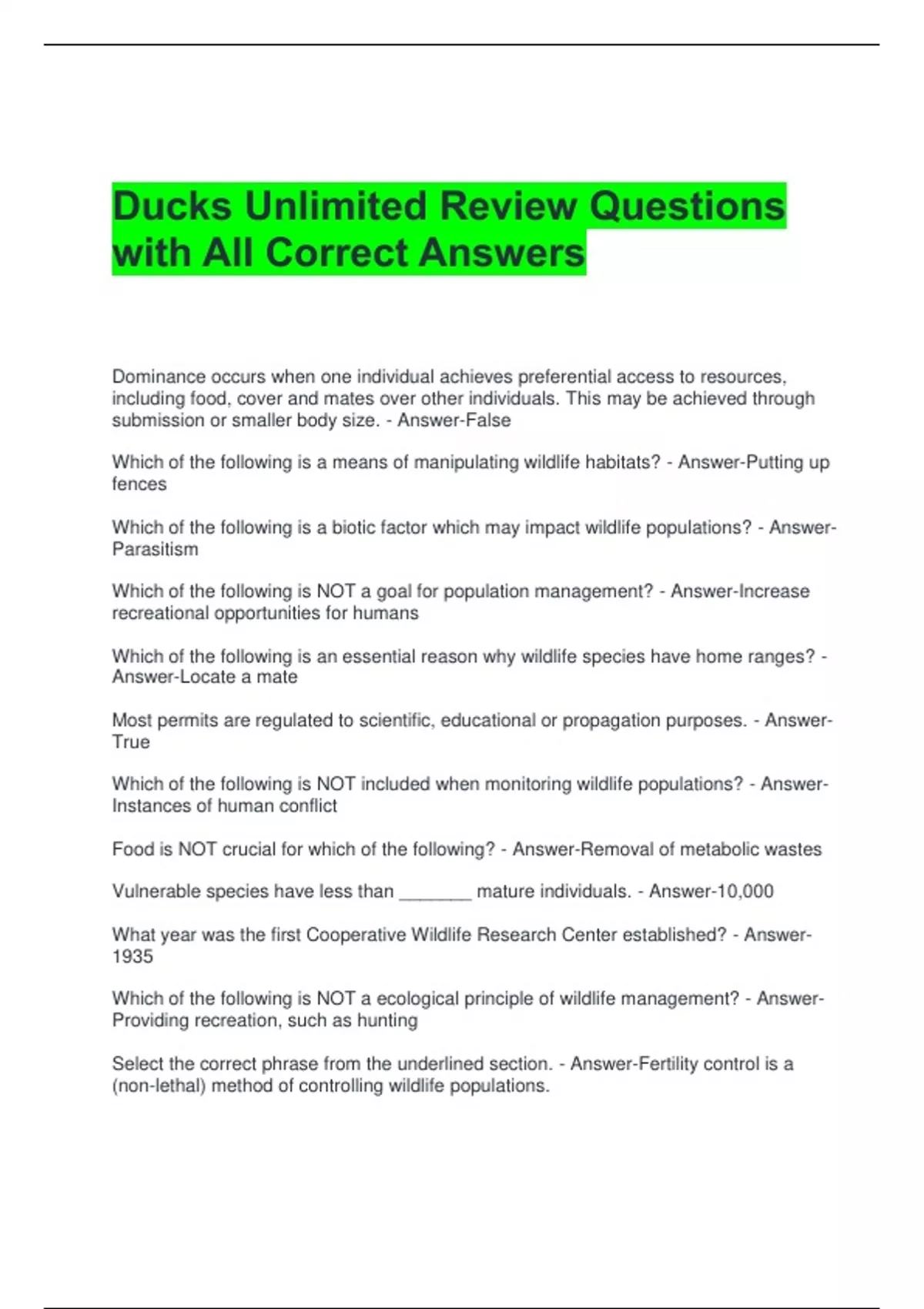 Ducks Unlimited Review Questions with All Correct Answers - Ducks ...