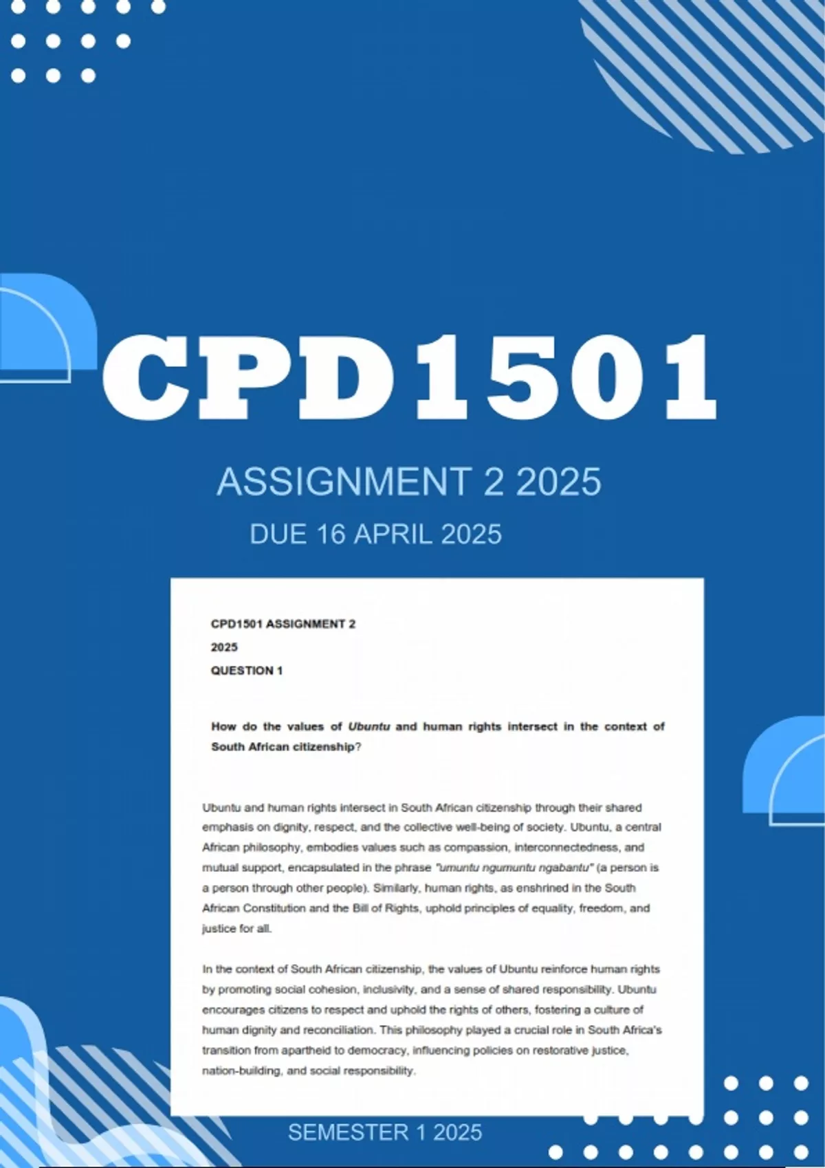 CPD1501 Assignment 2 Semester 1 2025 | April 2025 - CPD1501 (CPD1501) - Stuvia SA