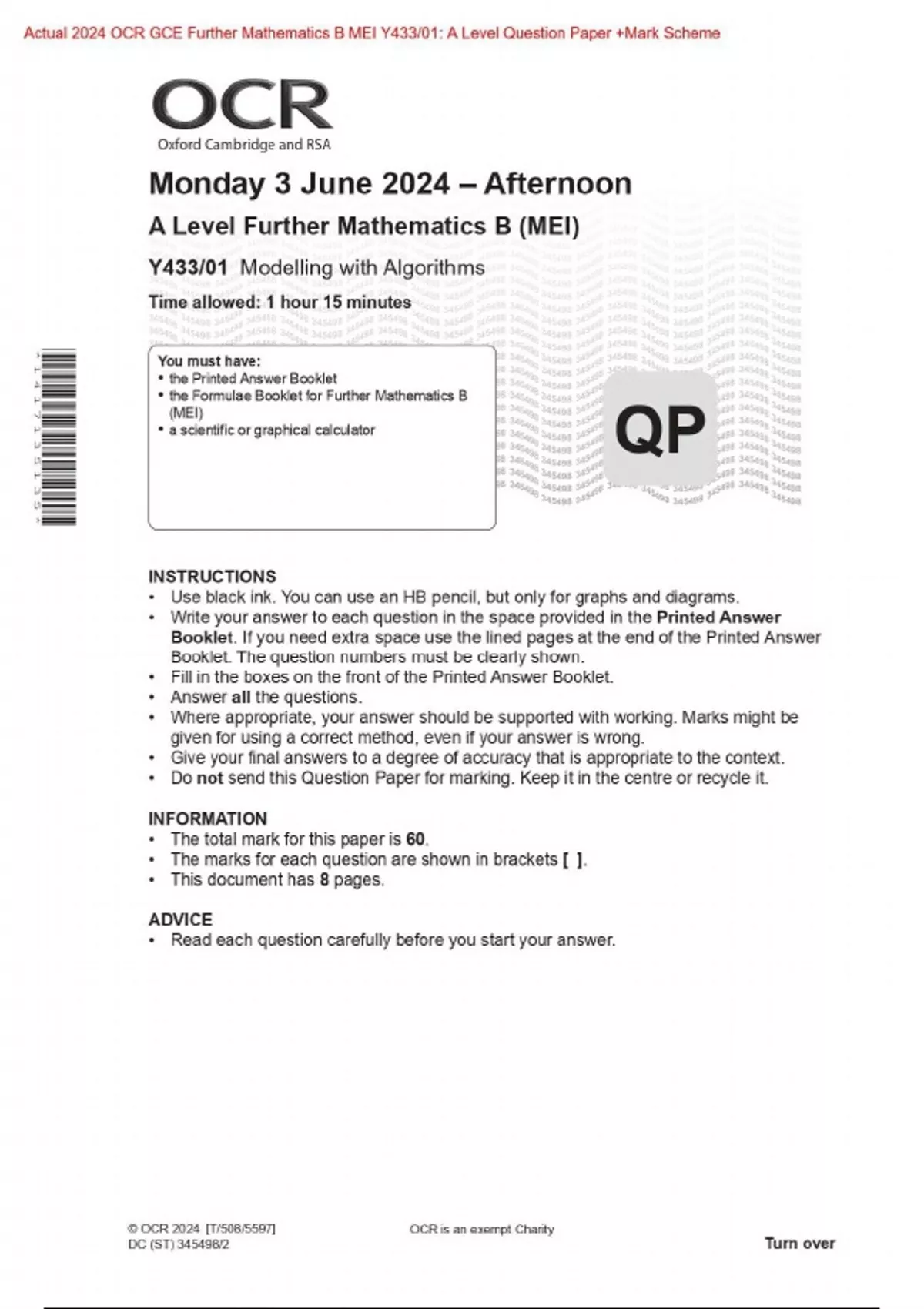 Actual 2024 OCR GCE Further Mathematics B MEI Y433/01: Modelling with ...