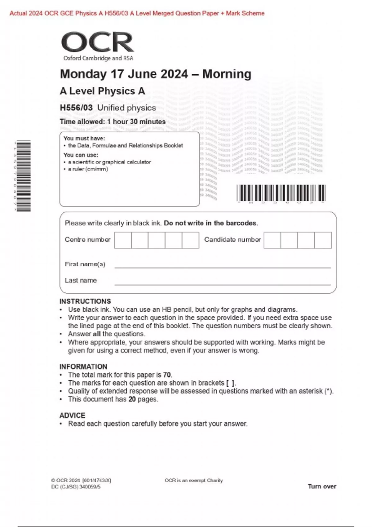Actual 2024 OCR GCE Physics A H556/03: Unified physics A Level Merged ...