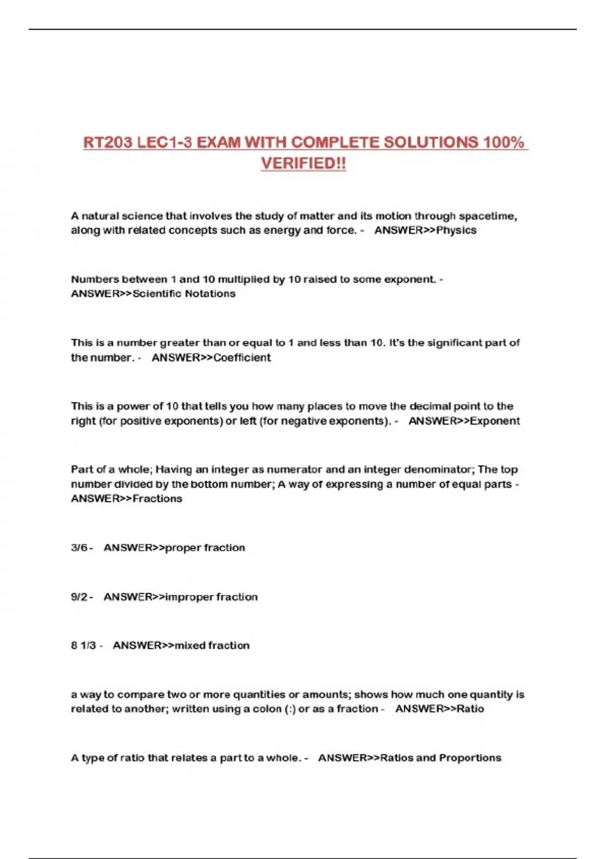 RT203 LEC1-3 EXAM WITH COMPLETE SOLUTIONS 100% VERIFIED!! - RT203 LEC1-3 - Stuvia US
