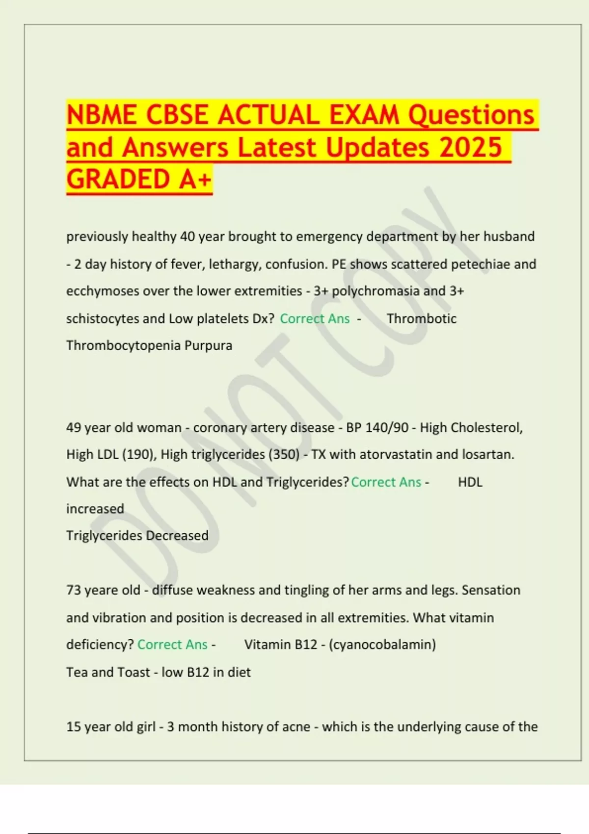 NBME CBSE ACTUAL EXAM Questions and Answers Latest Updates 2025 GRADED ...
