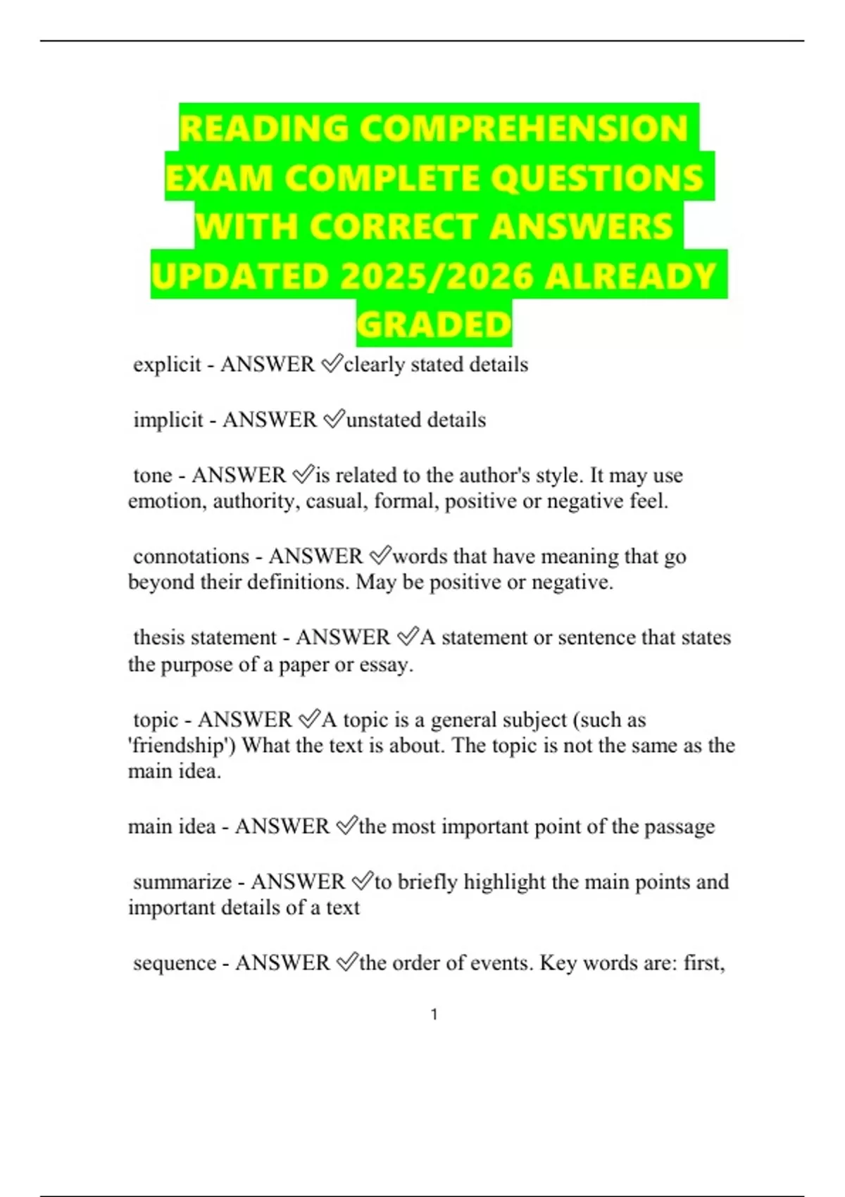READING COMPREHENSION EXAM COMPLETE QUESTIONS WITH CORRECT ANSWERS ...