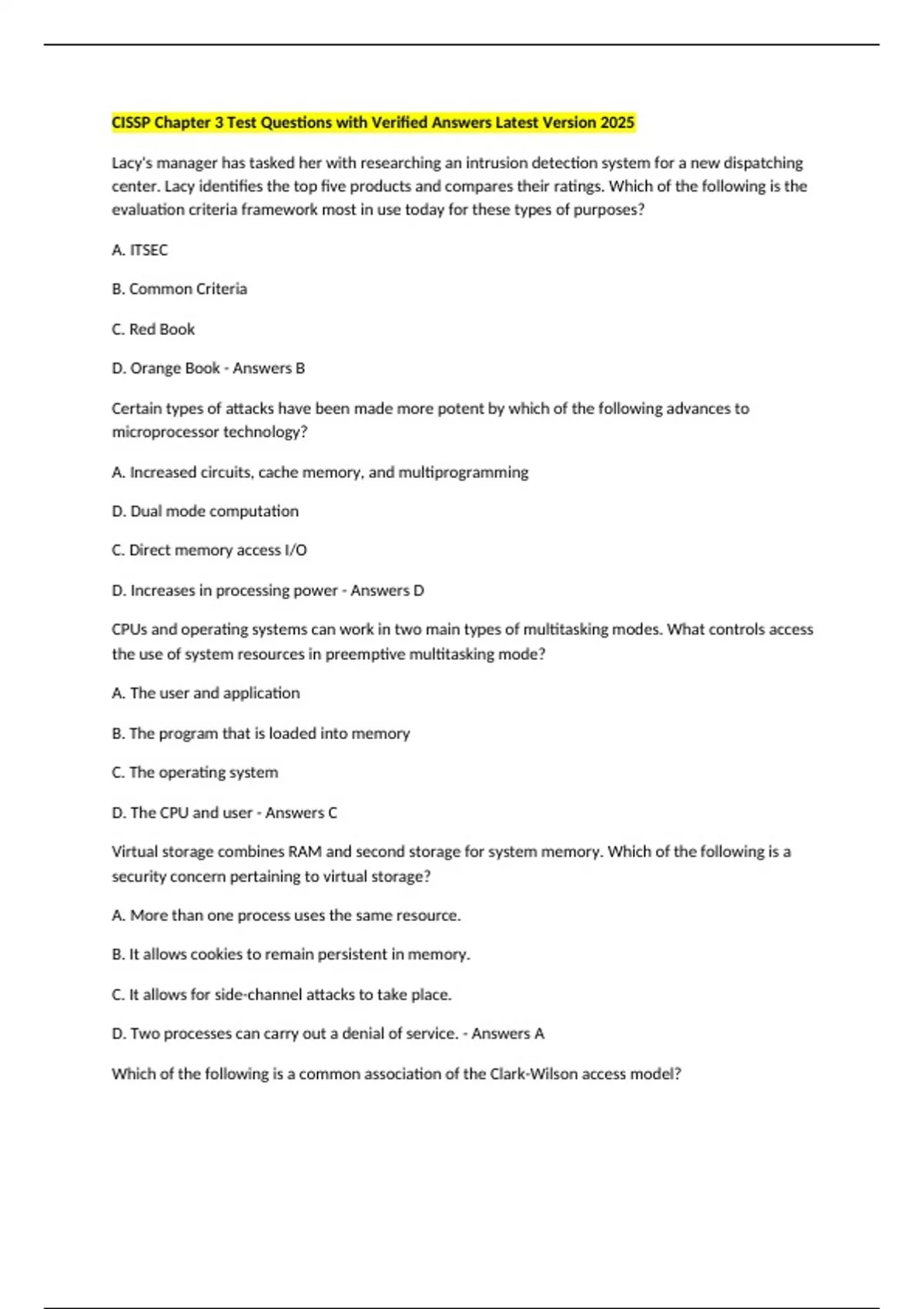 CISSP Chapter 3 Test Questions with Verified Answers Latest Version ...