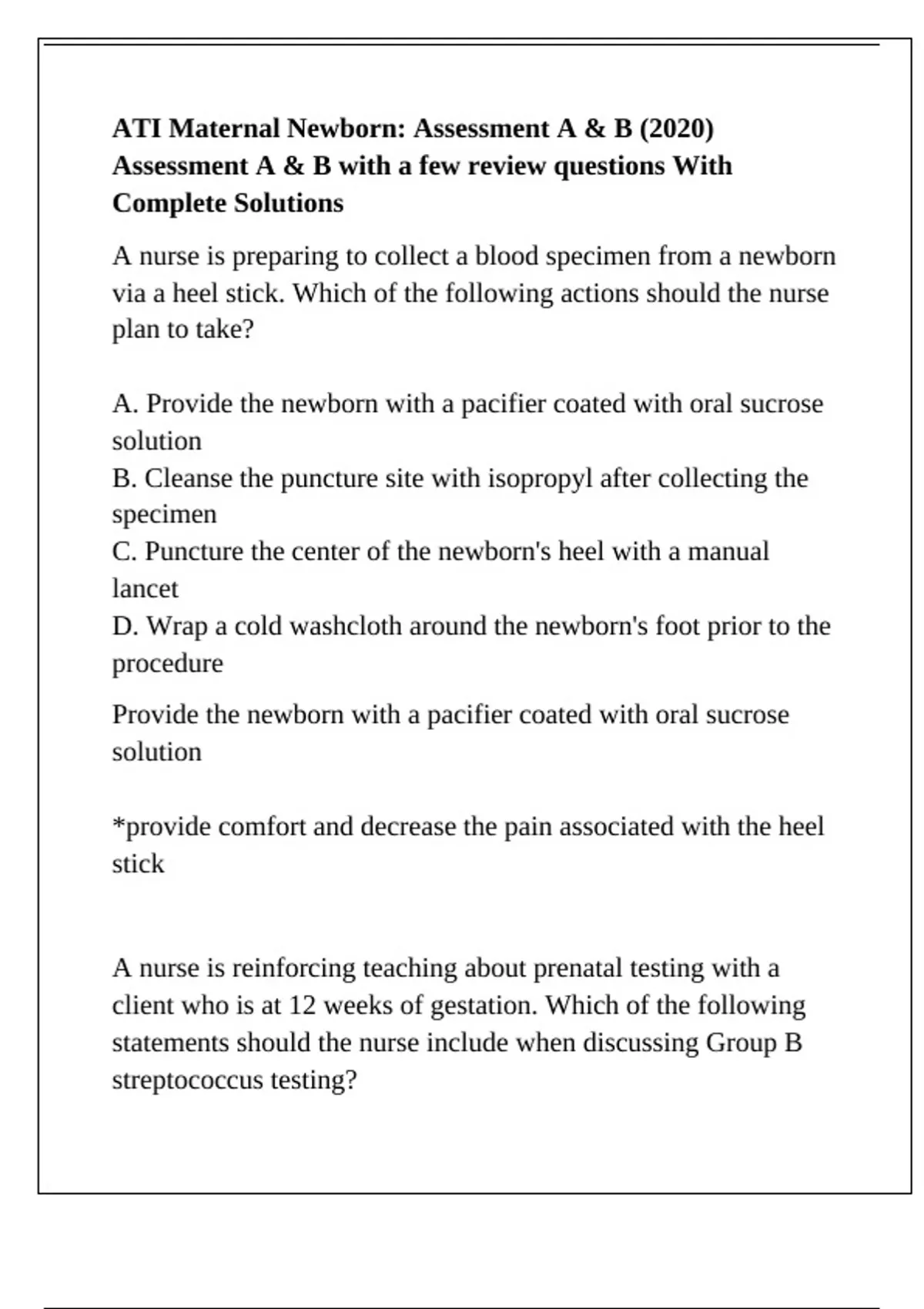 ATI Maternal Newborn: Assessment A & B (2020) Assessment A & B with a ...