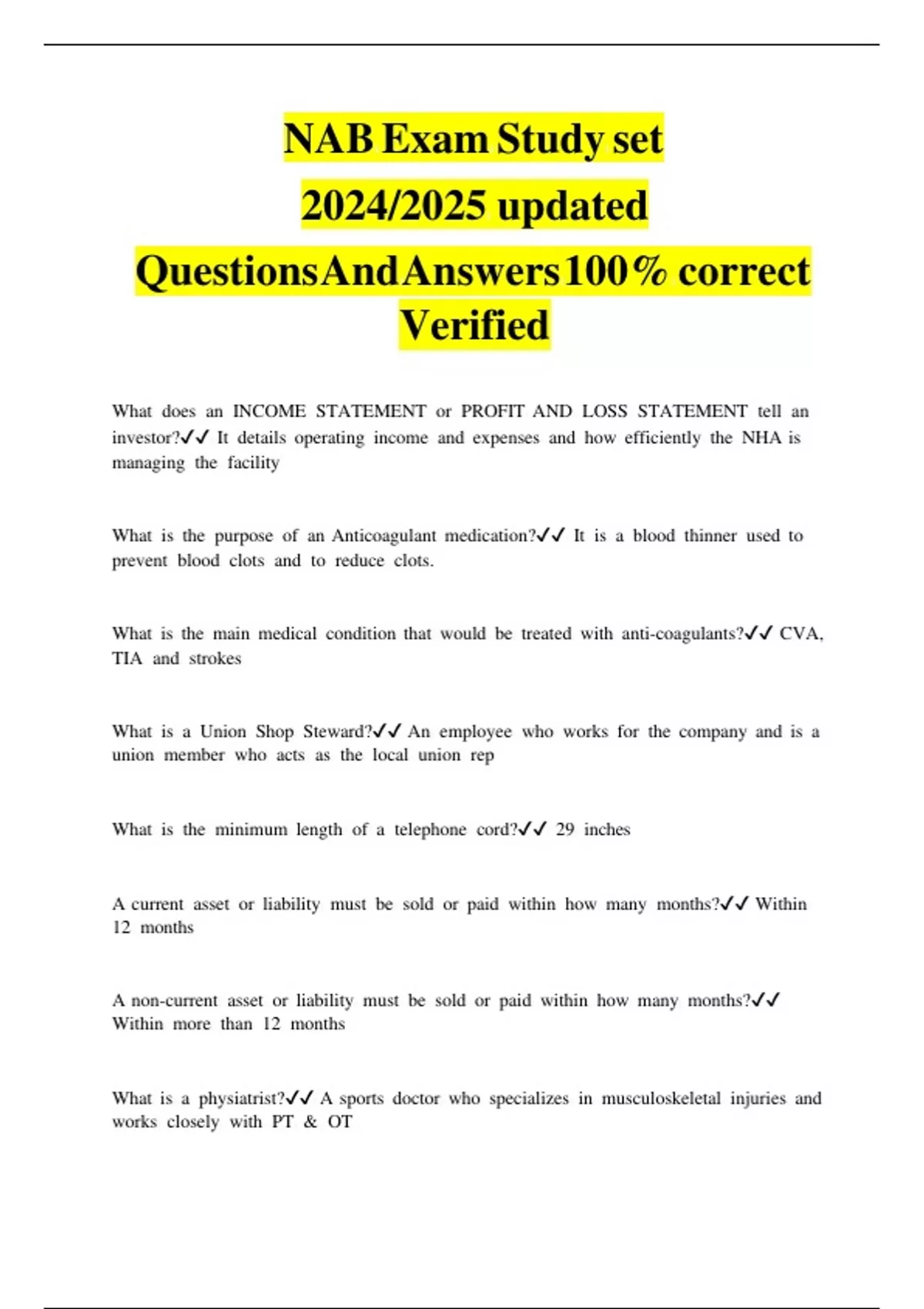 NAB Exam Study set updated Questions And Answers 100- correct Verified - NAB - Stuvia US