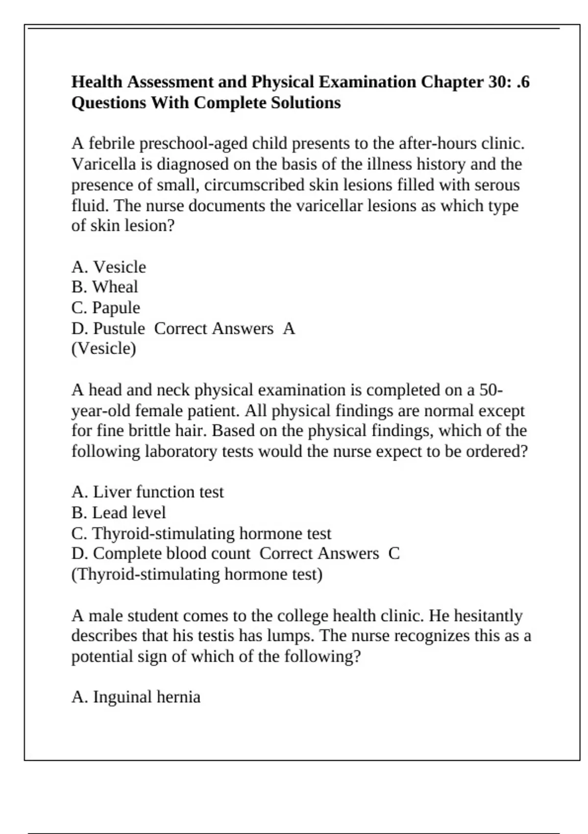 Health Assessment and Physical Examination Chapter 30: .6 Questions ...