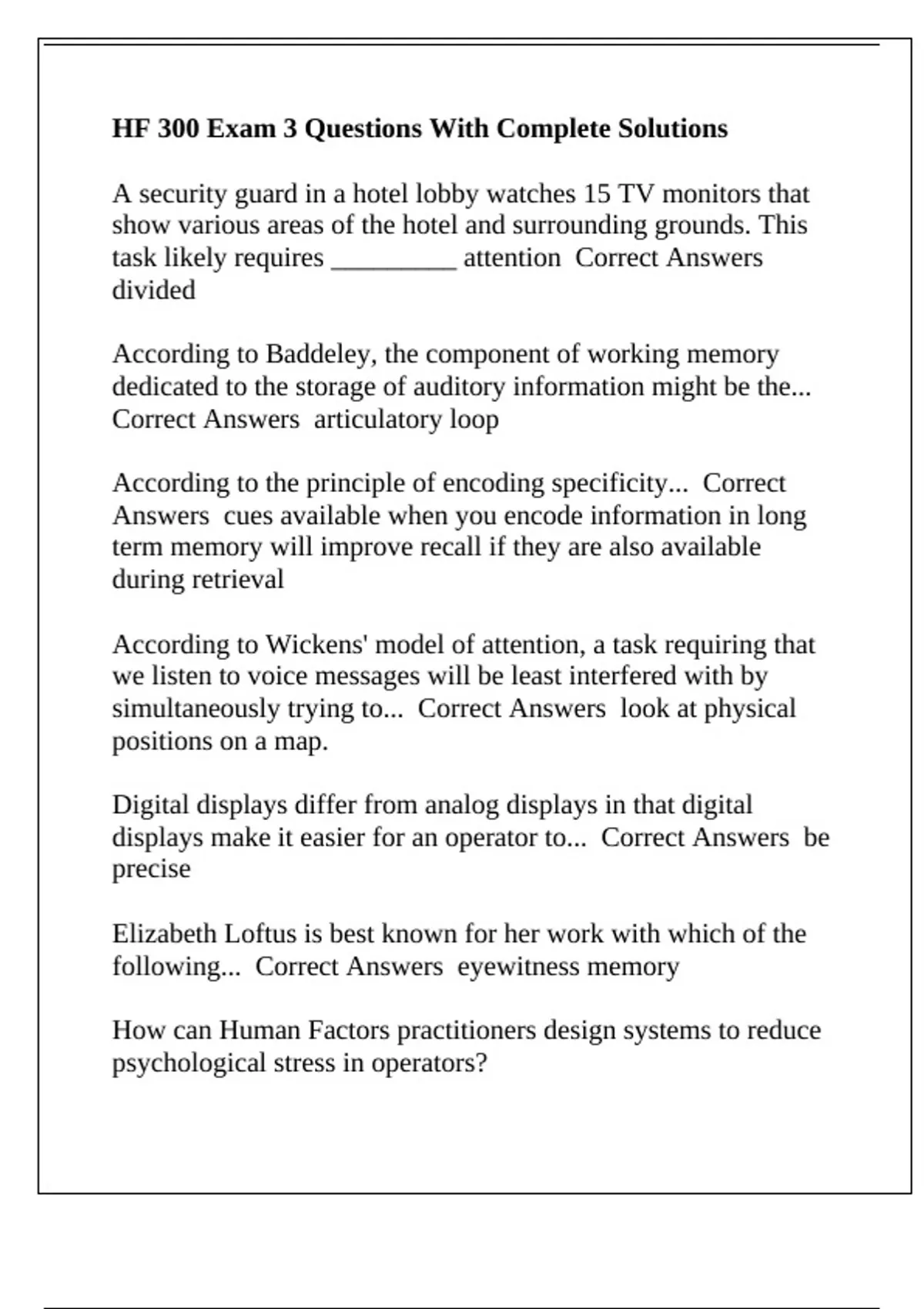 HF 300 Exam 3 Questions With Complete Solutions - HF 300 - Stuvia US