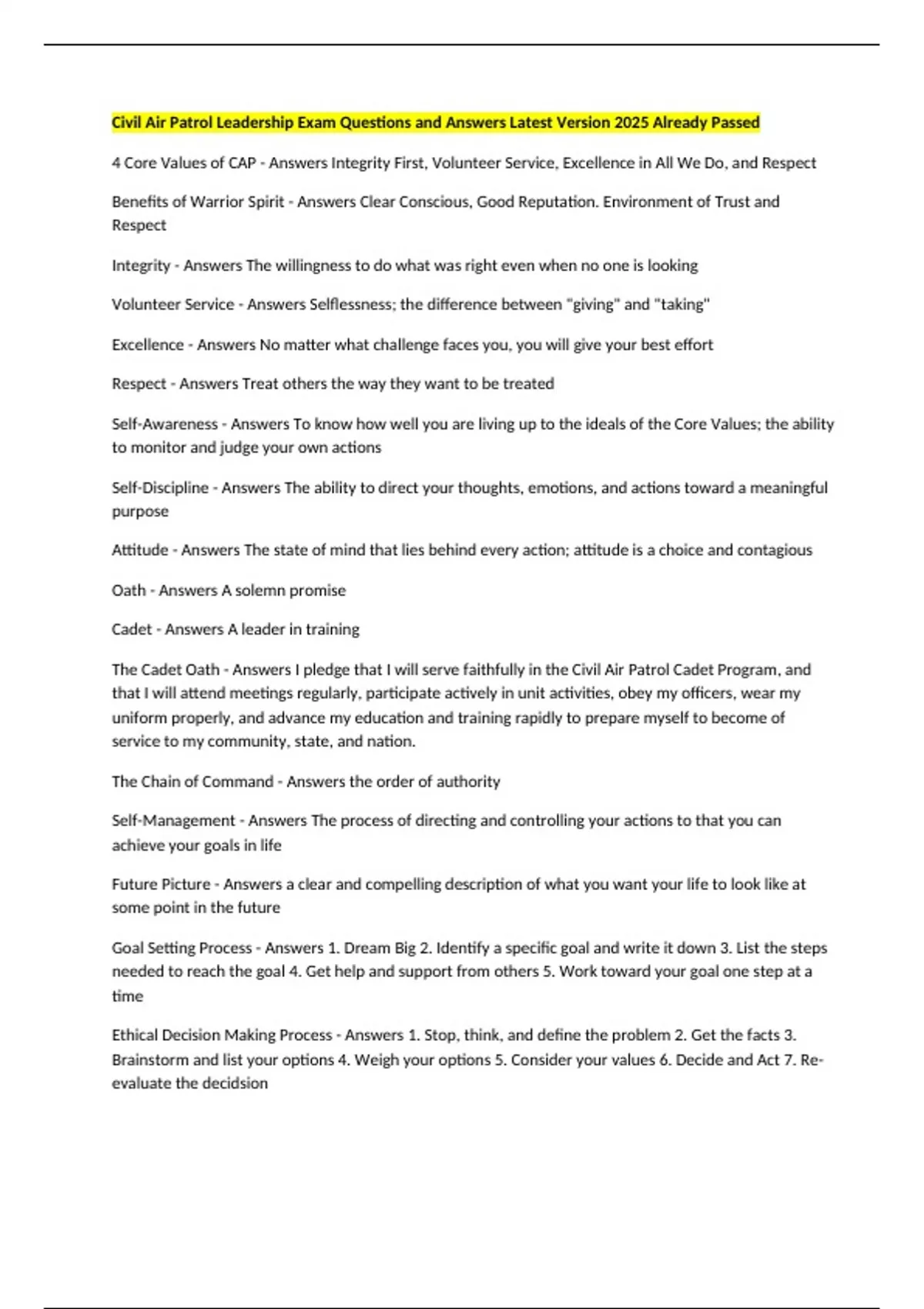 Civil Air Patrol Leadership Exam Questions and Answers Latest Version ...