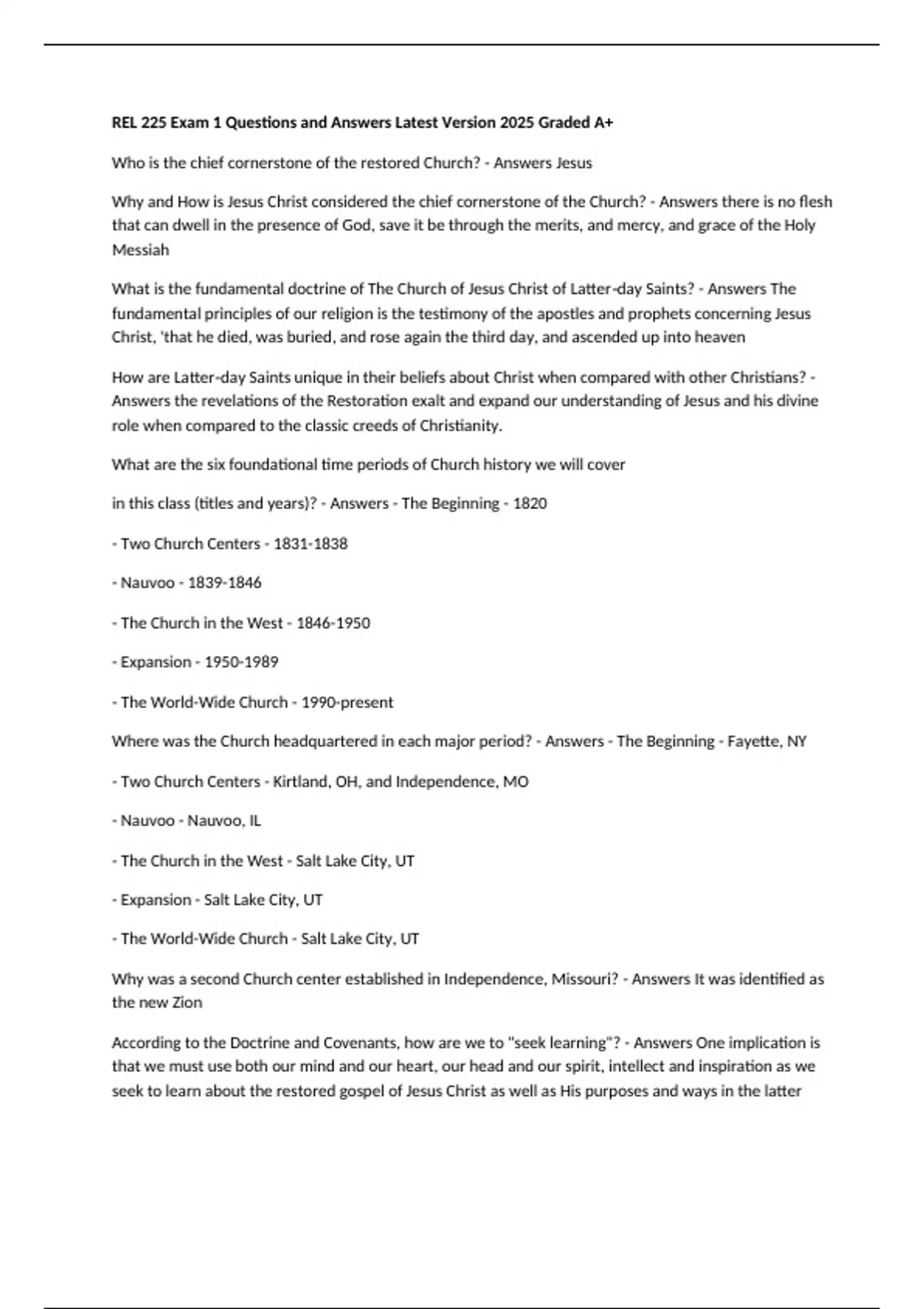 REL 225 Exam 1 Questions and Answers Latest Version 2025 Graded A+ ...