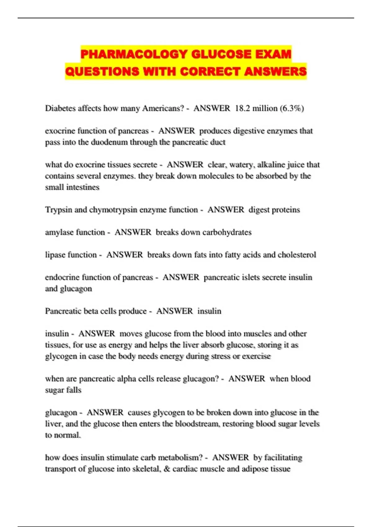 PHARMACOLOGY GLUCOSE EXAM QUESTIONS WITH CORRECT ANSWERS - PHARMACOLOGY GLUCOSE - Stuvia US
