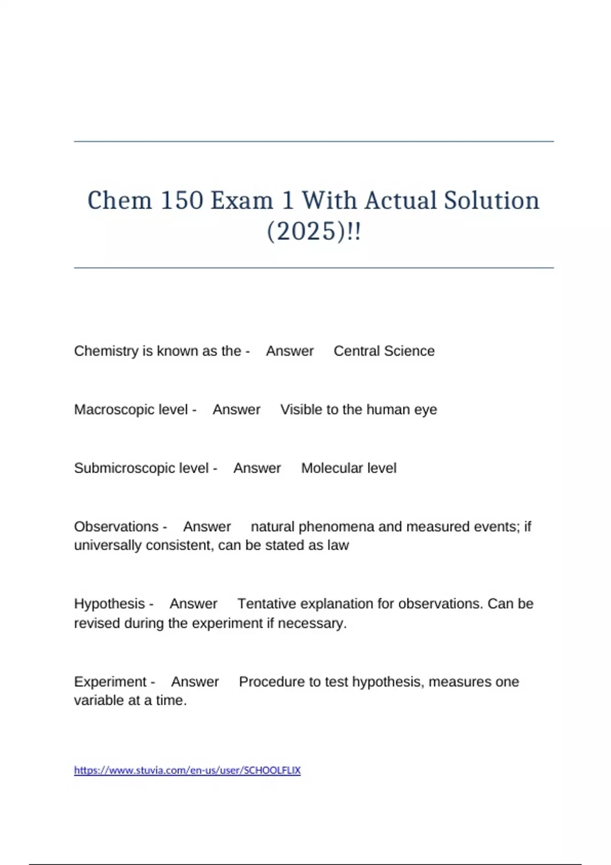 Chem 150 Exam 1 With Actual Solution (2025)!! - CHEM 150 - Stuvia US