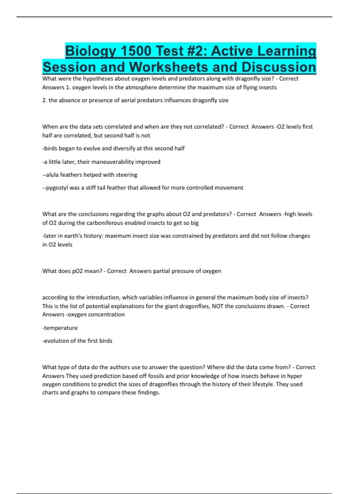 Biology 1500 Test #2: Active Learning Session and Worksheets and ...