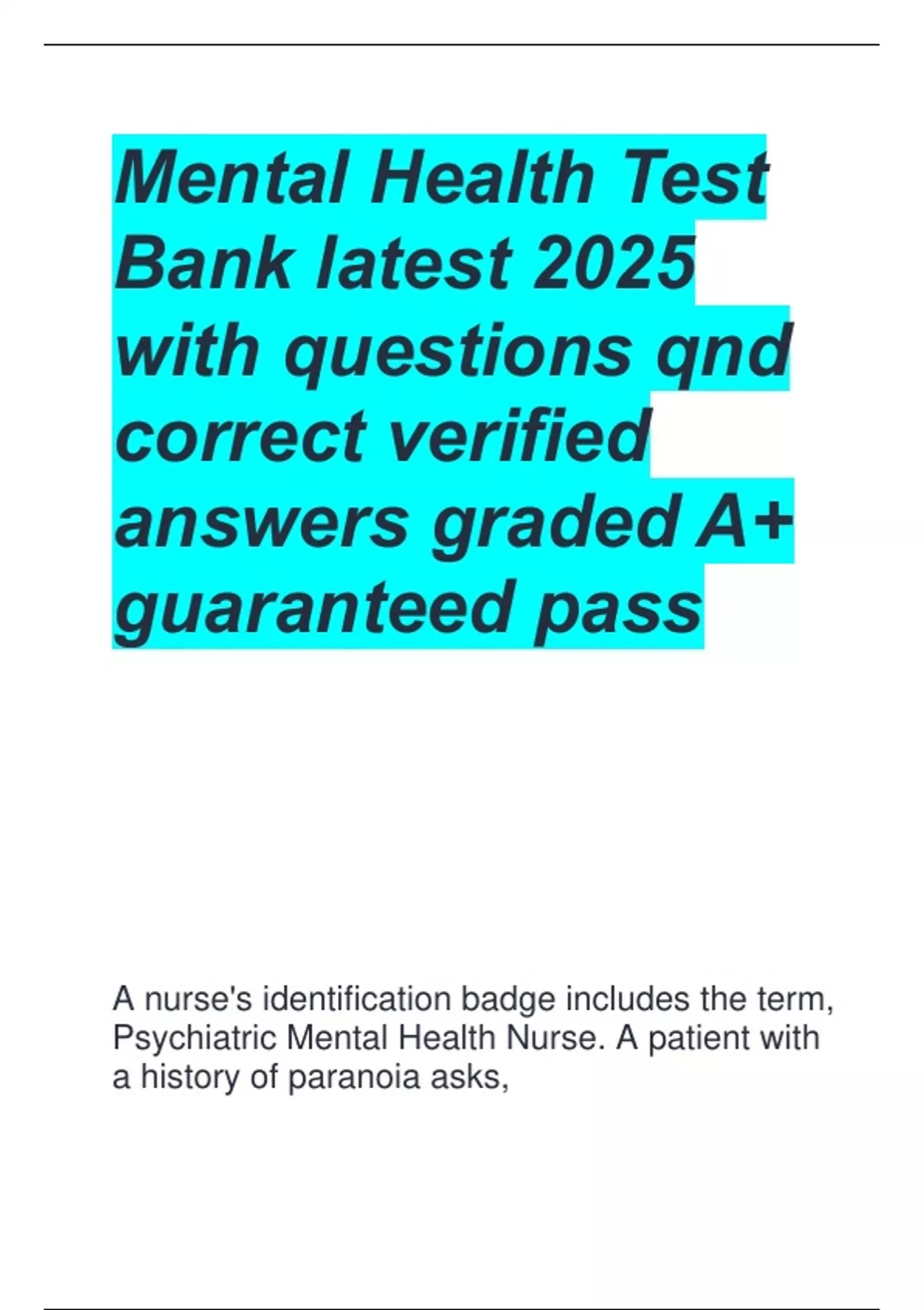 Mental Health Test Bank latest 2025 with questions qnd correct verified ...