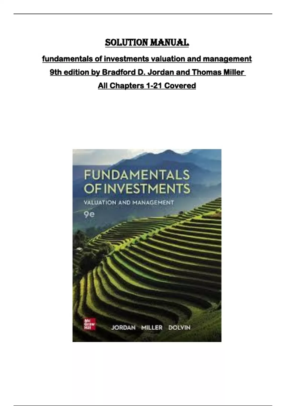 Solution manual for fundamentals of investments valuation and management 9th edition by Bradford ...