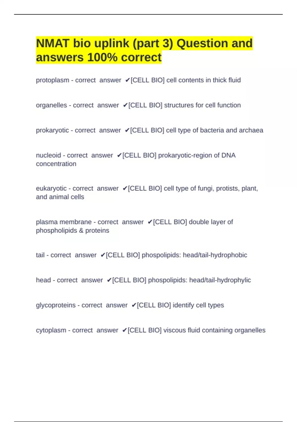 NMAT bio uplink (part 3) Question and answers 100% correct - NMAT ...