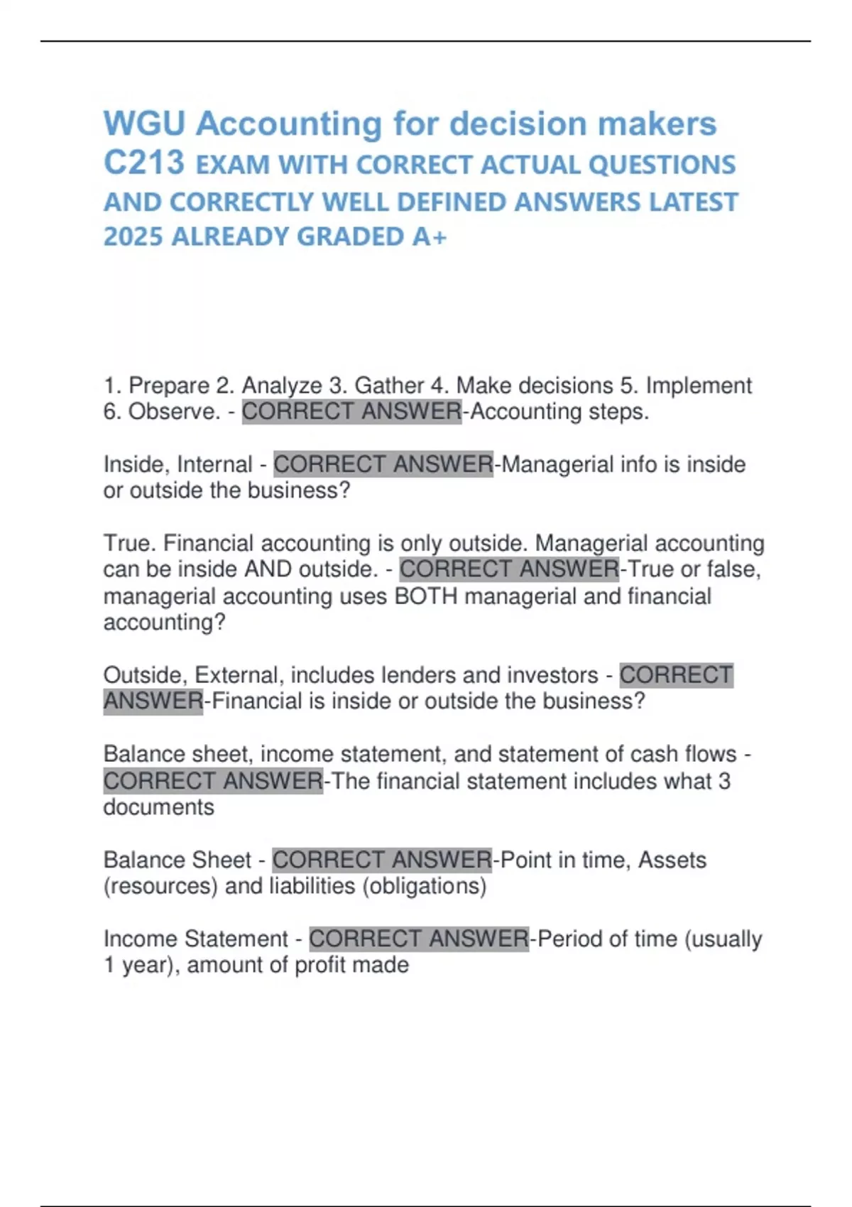 WGU Accounting for decision makers C213 EXAM WITH CORRECT ACTUAL ...