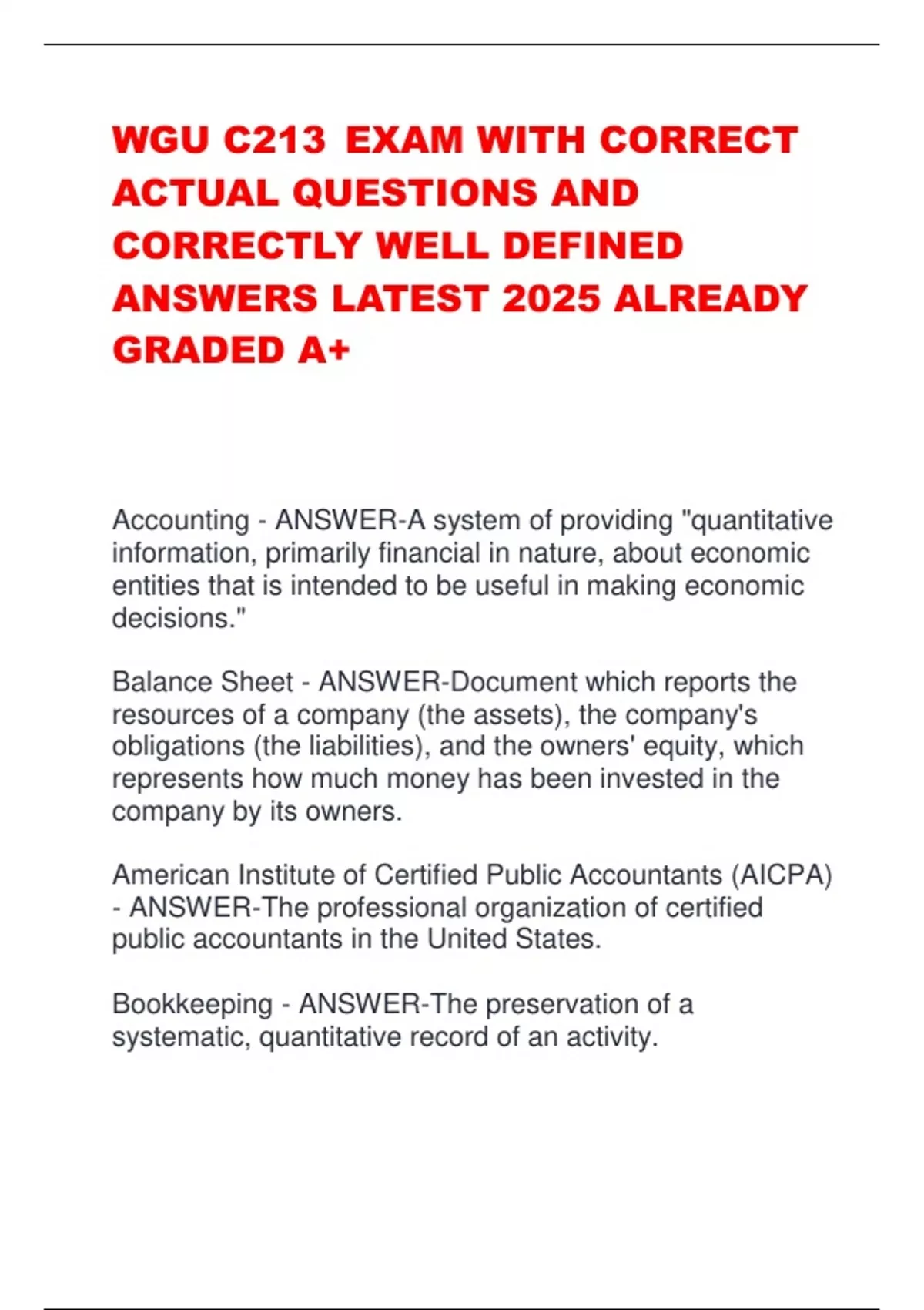 WGU C213 EXAM WITH CORRECT ACTUAL QUESTIONS AND CORRECTLY WELL DEFINED ...