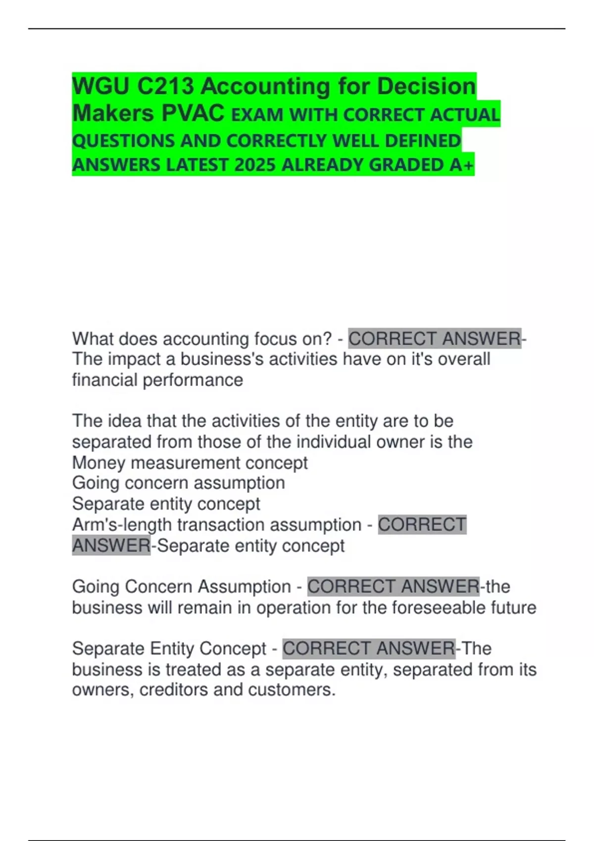WGU C213 Accounting for Decision Makers PVAC EXAM WITH CORRECT ACTUAL ...