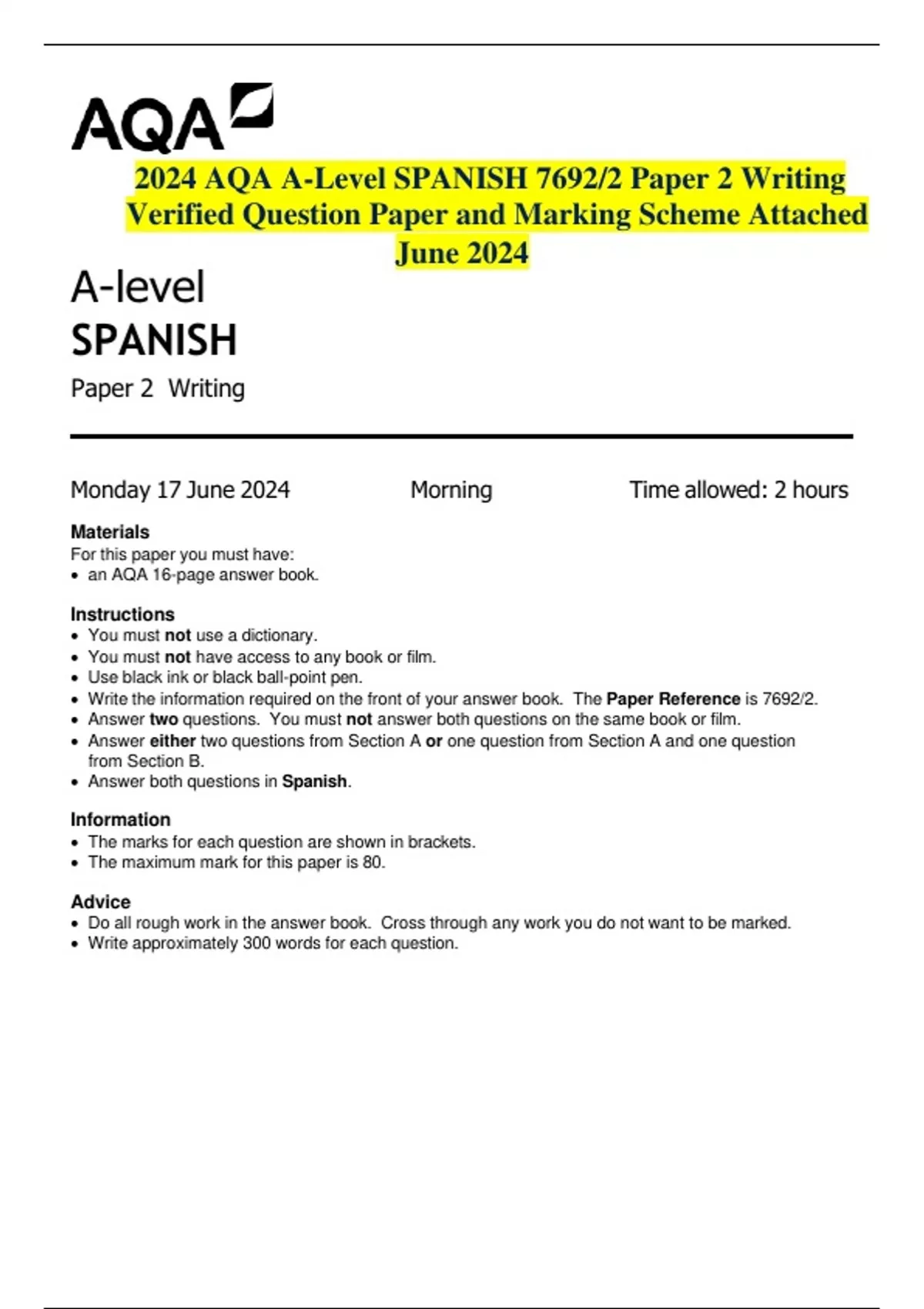 2024 AQA A-Level SPANISH 7692/2 Paper 2 Writing Verified Question Paper ...