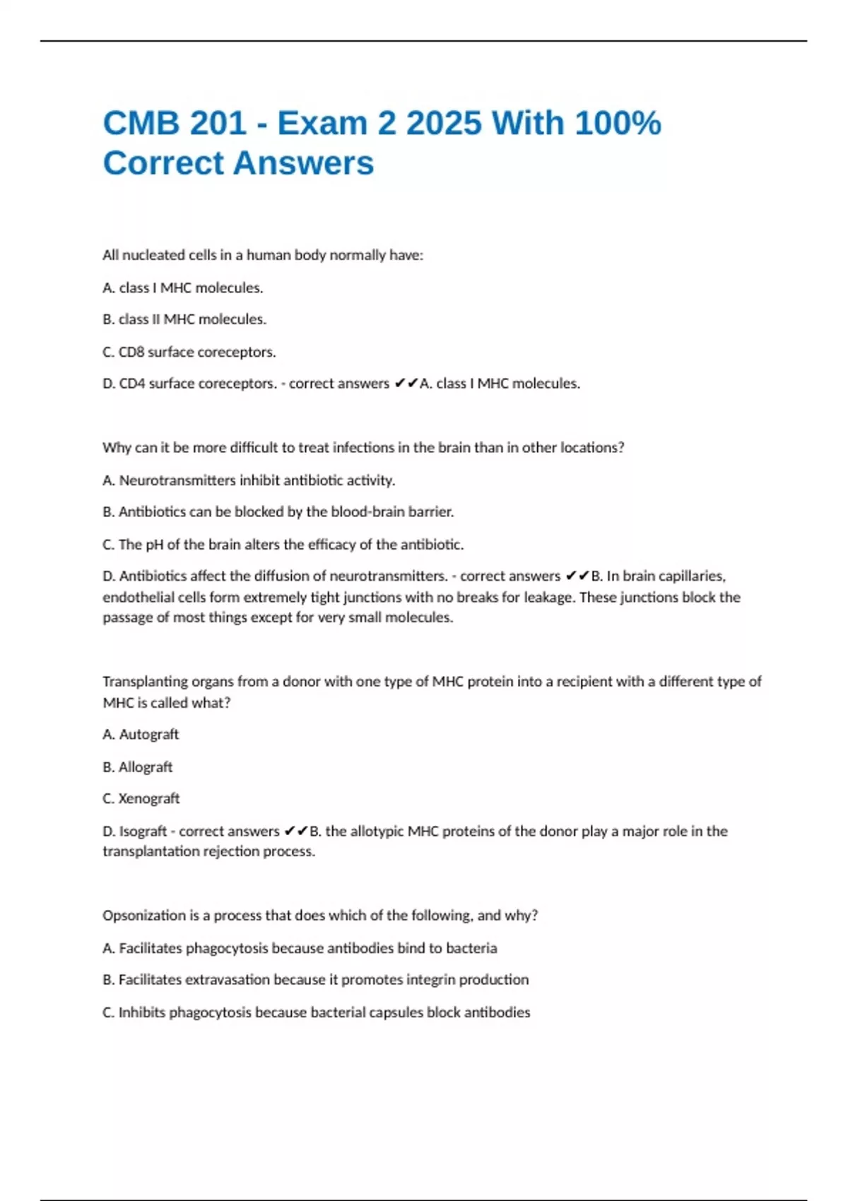 CMB 201 - Exam 2 2025 With 100% Correct Answers - CMB 201 - E - Stuvia US