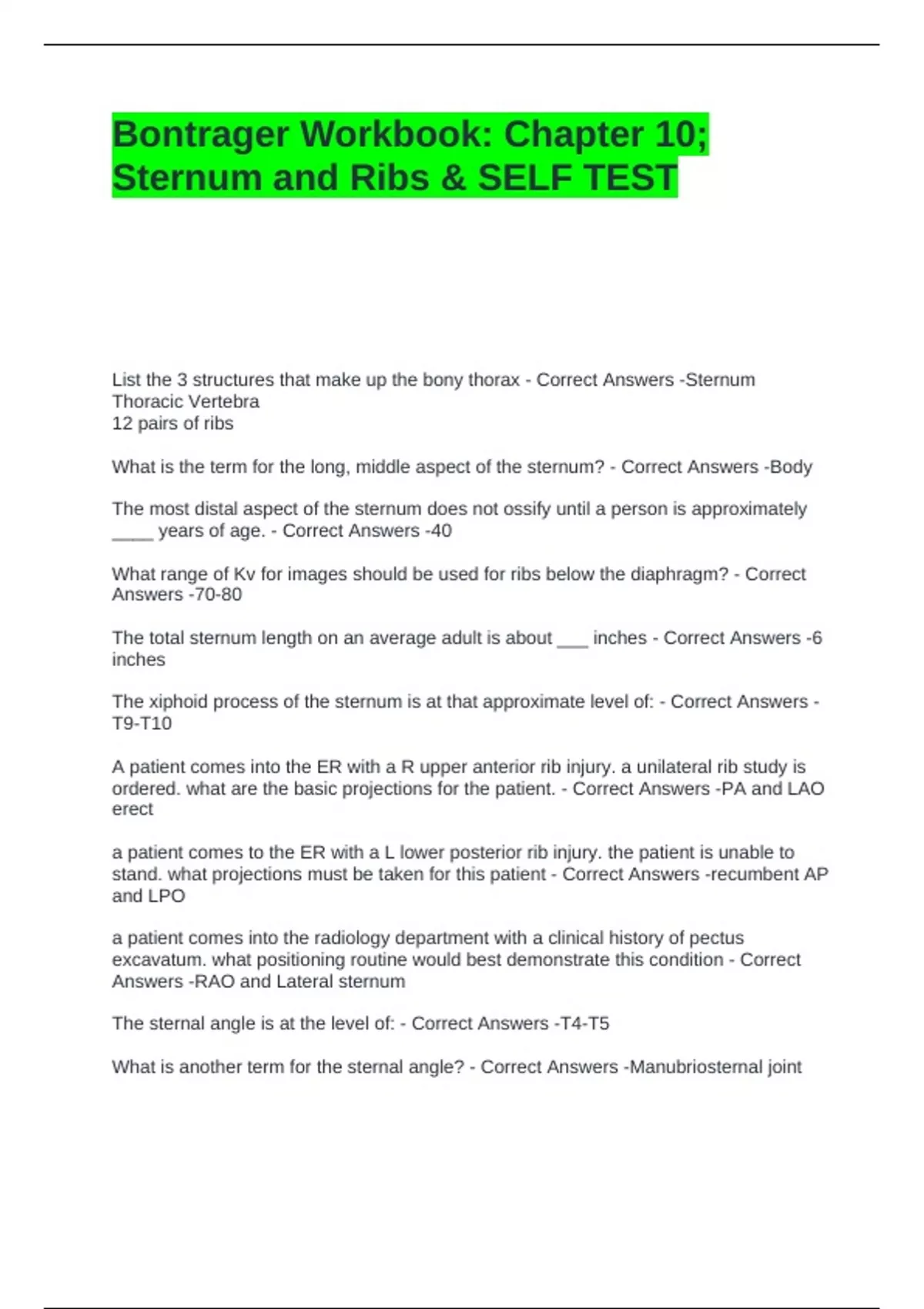 Bontrager Workbook Chapter 10; Sternum and Ribs & SELF TEST Questions ...