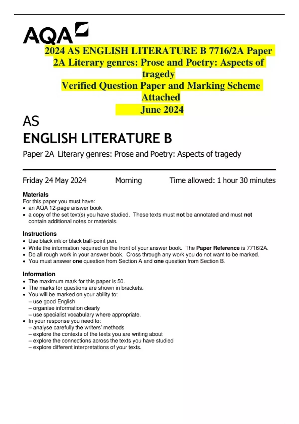 2024 AS ENGLISH LITERATURE B 7716/2A Paper 2A Literary genres: Prose ...