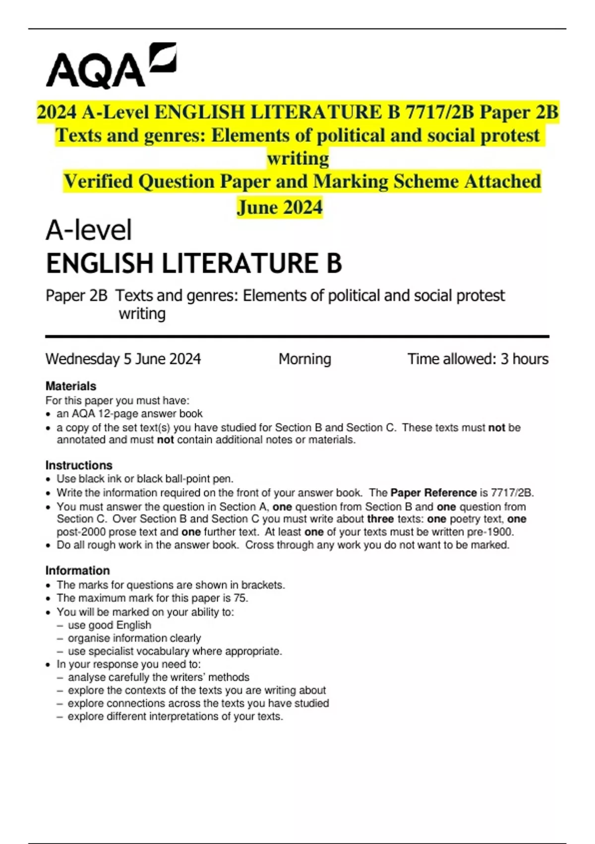 2024 A-Level ENGLISH LITERATURE B 7717/2B Paper 2B Texts and genres ...