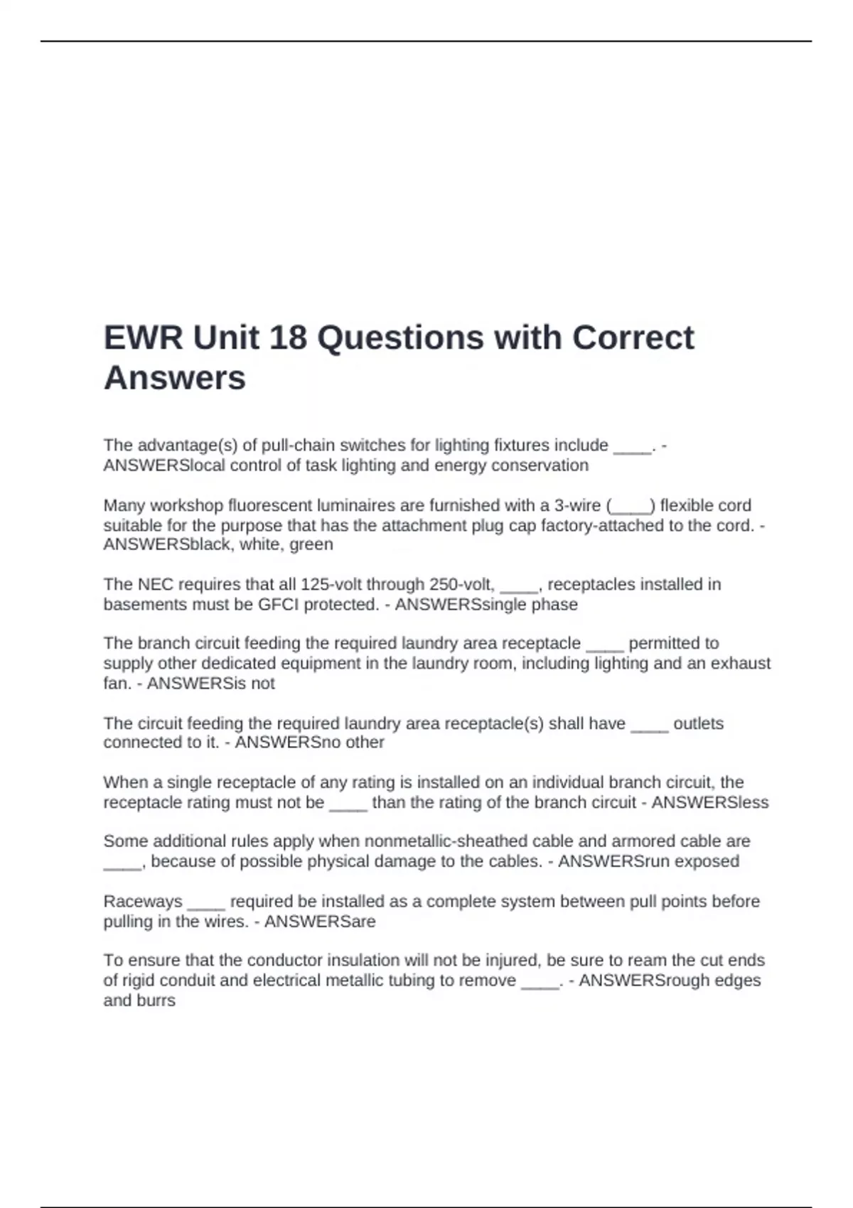 EWR Unit 18 Questions with Correct Answers - EWR Unit 18 - Stuvia US