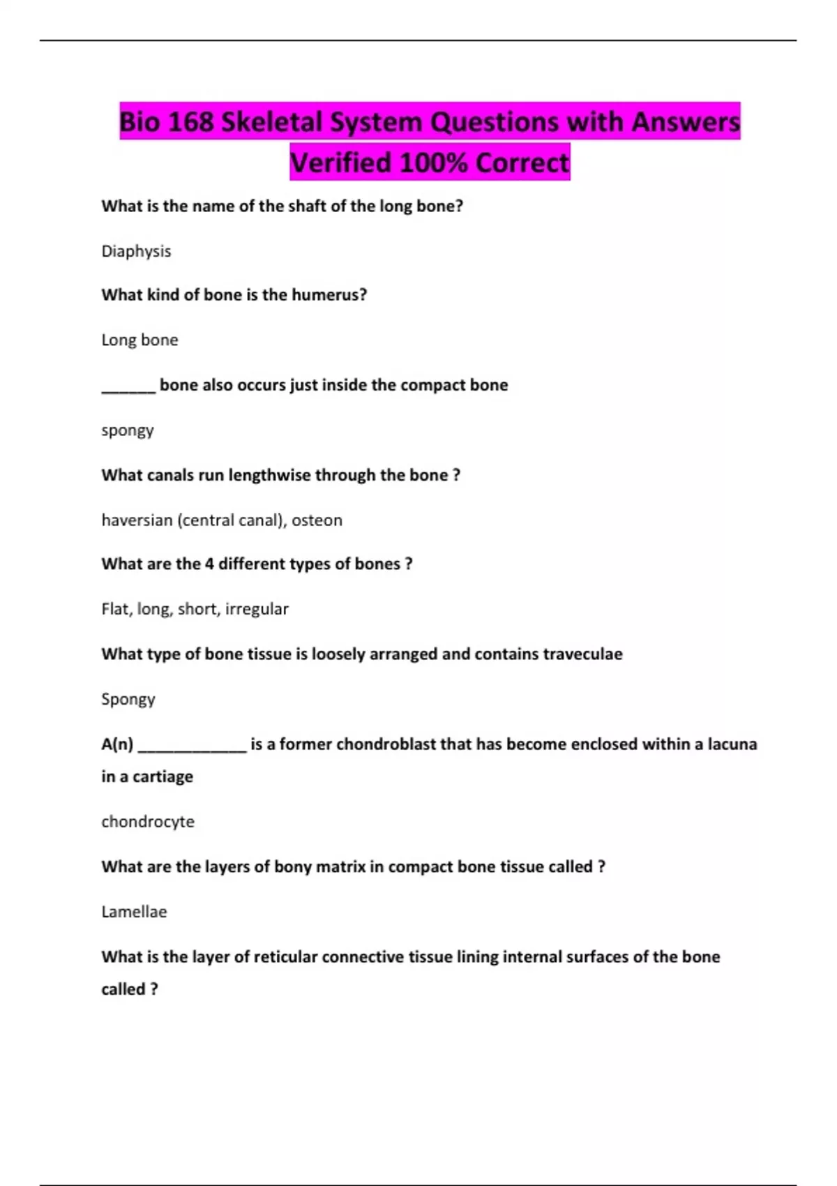 Bio 168 Skeletal System Questions with Answers Verified 100% Correct ...