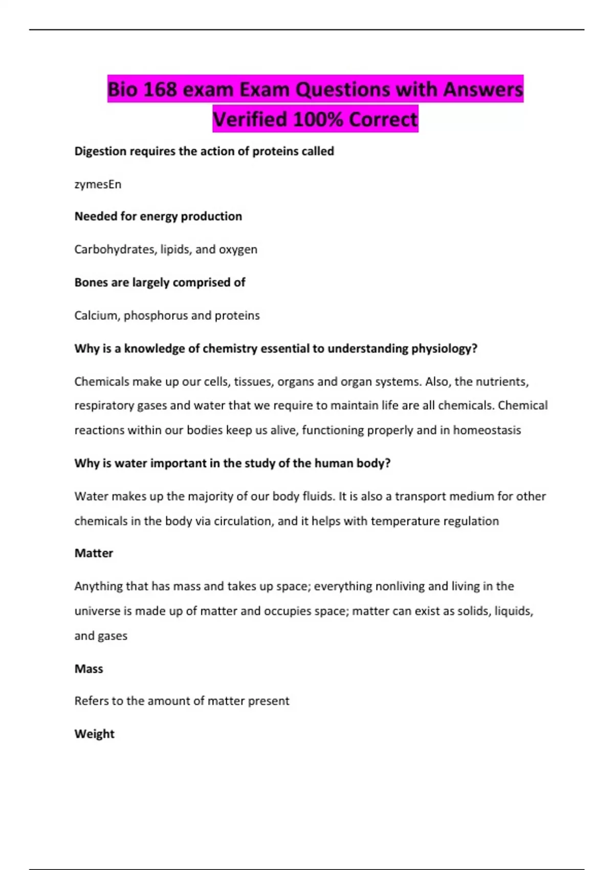 Bio 168 exam Exam Questions with Answers Verified 100% Correct - BIO ...