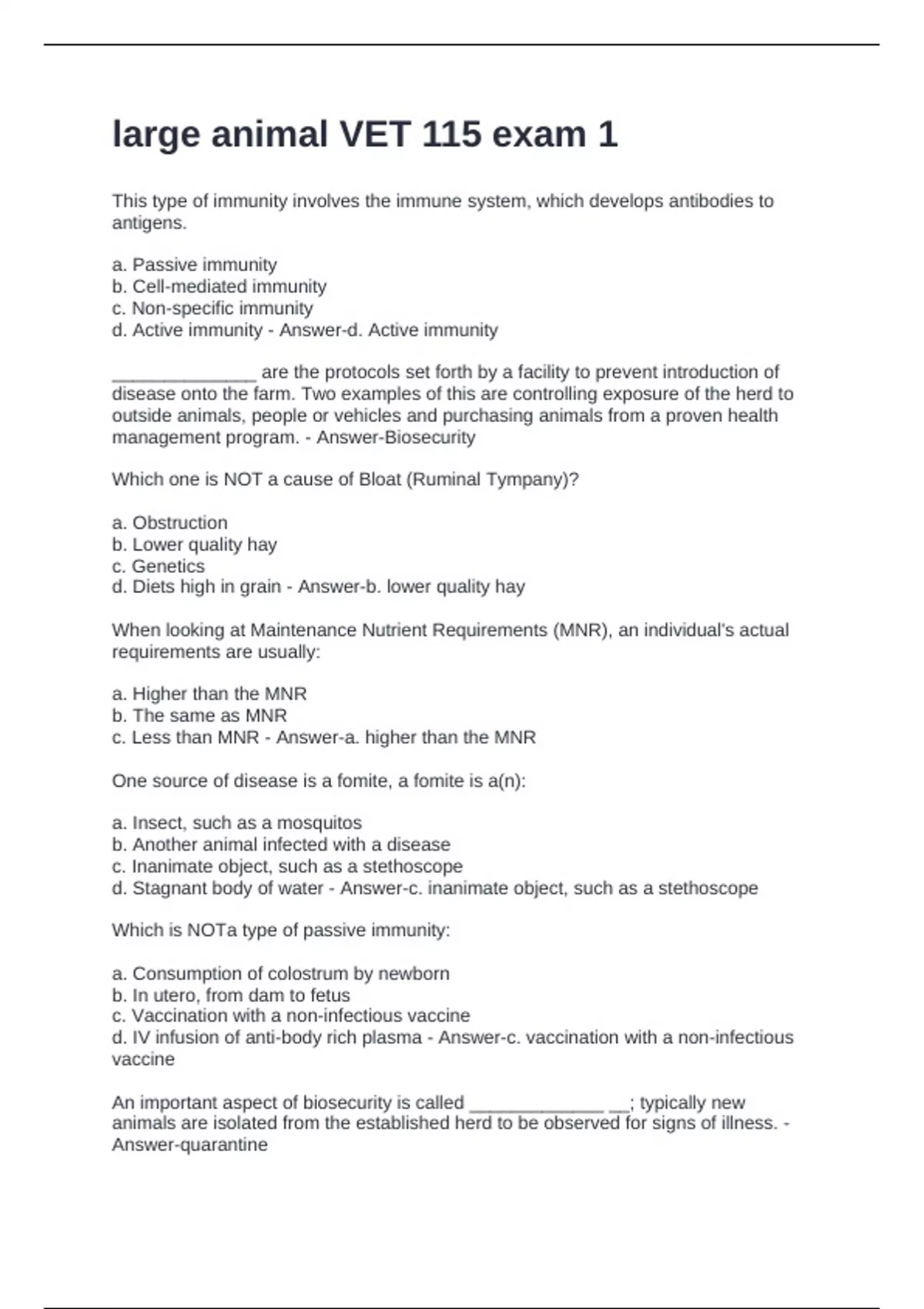 large animal VET 115 exam 1 questions and answers - Veterinary Immunology - Stuvia US