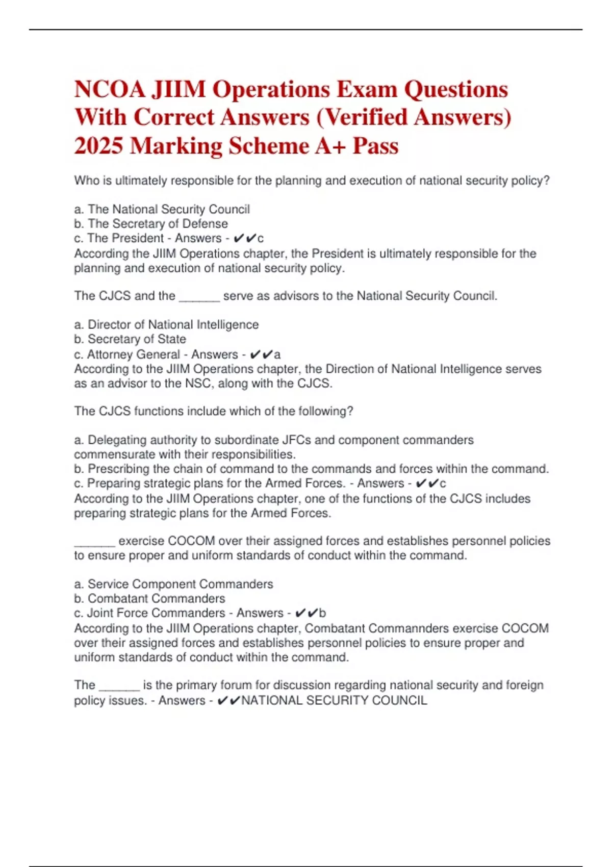 NCOA JIIM Operations Exam Questions With Correct Answers (Verified Answers) 2025 Marking Scheme ...