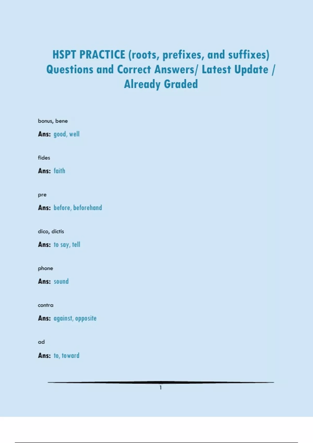 HSPT PRACTICE (roots, prefixes, and suffixes) Questions and Correct ...